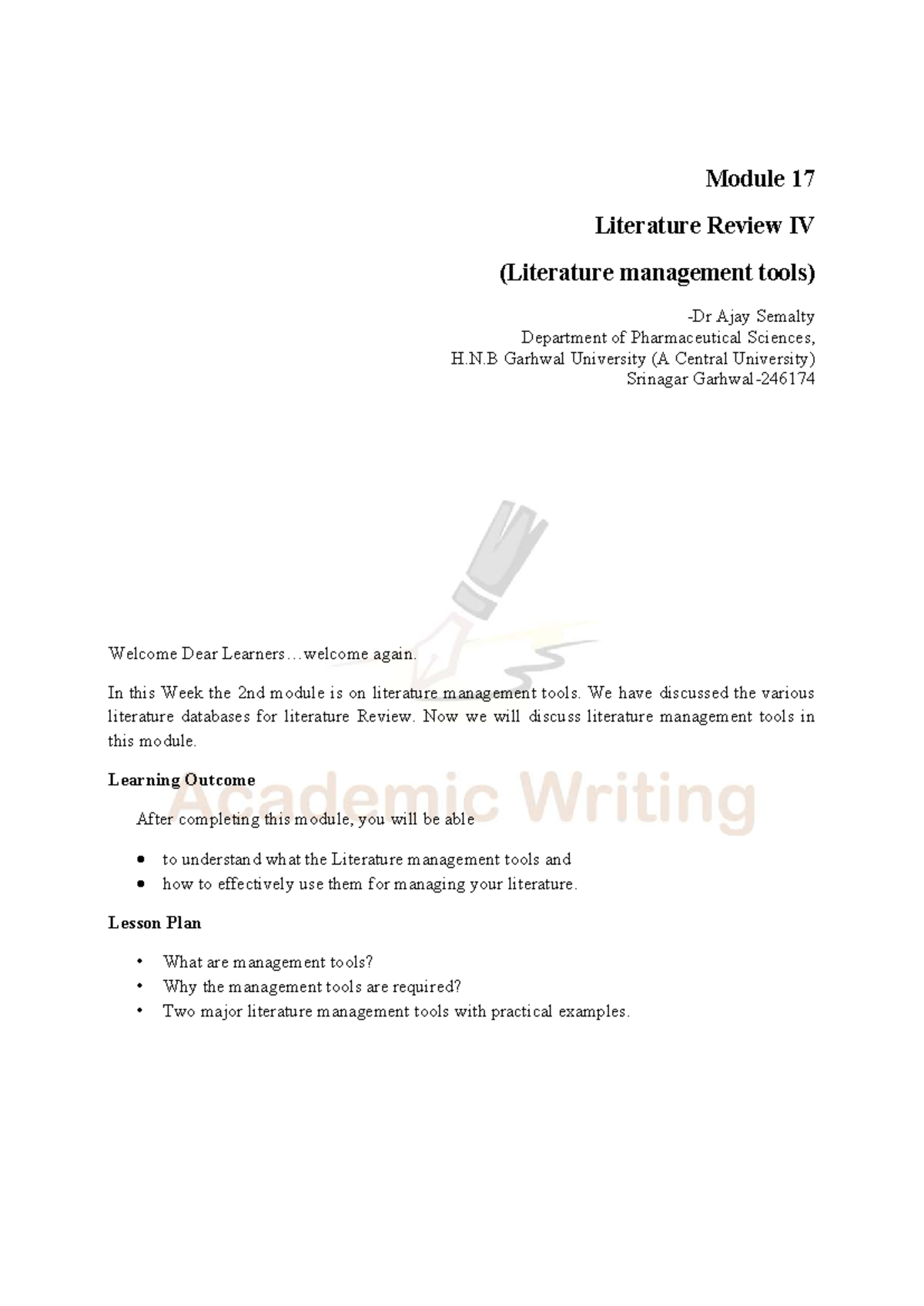 Module 17: Literature Review IV - Literature Management Tools Overview ...