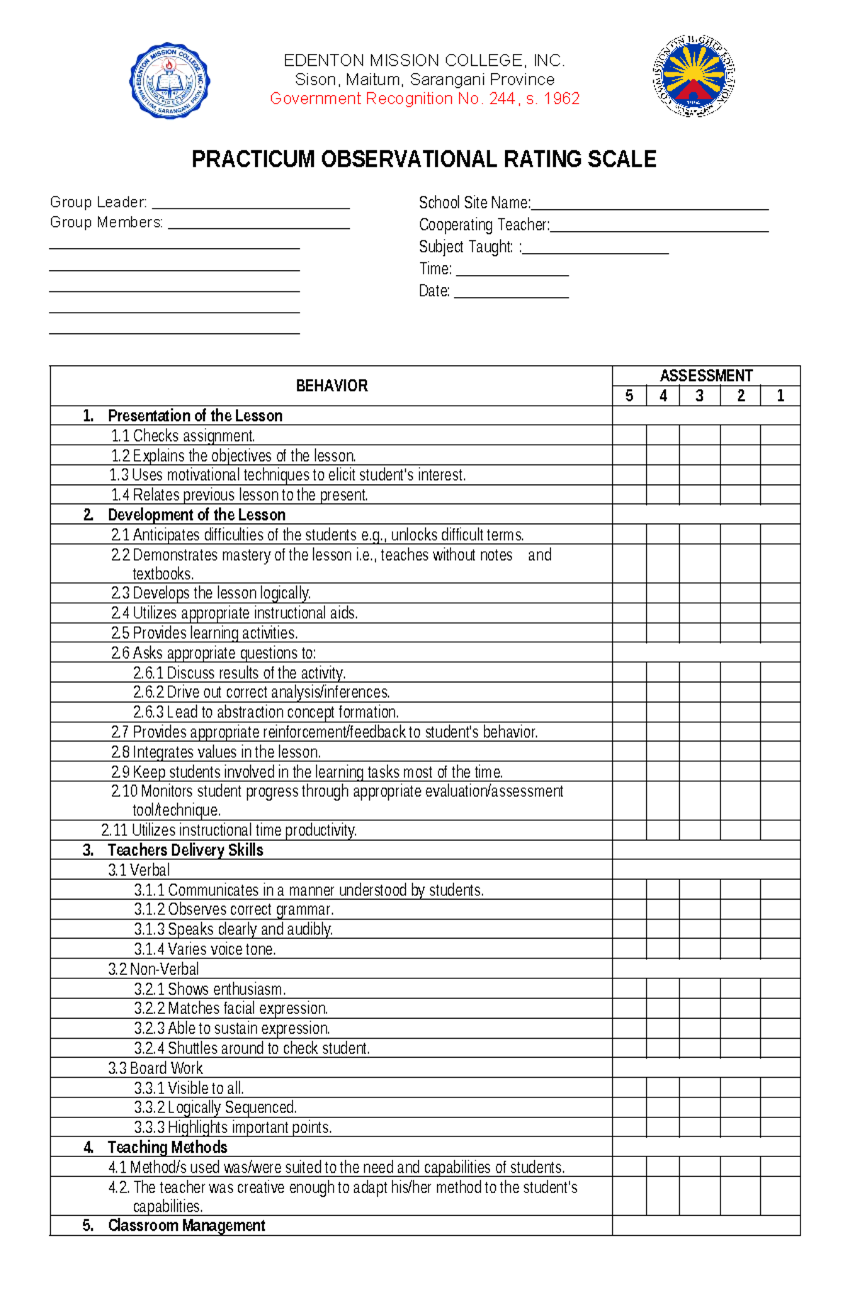 MStrat 13 Practicum Observational Rating Scale - EDENTON MISSION ...