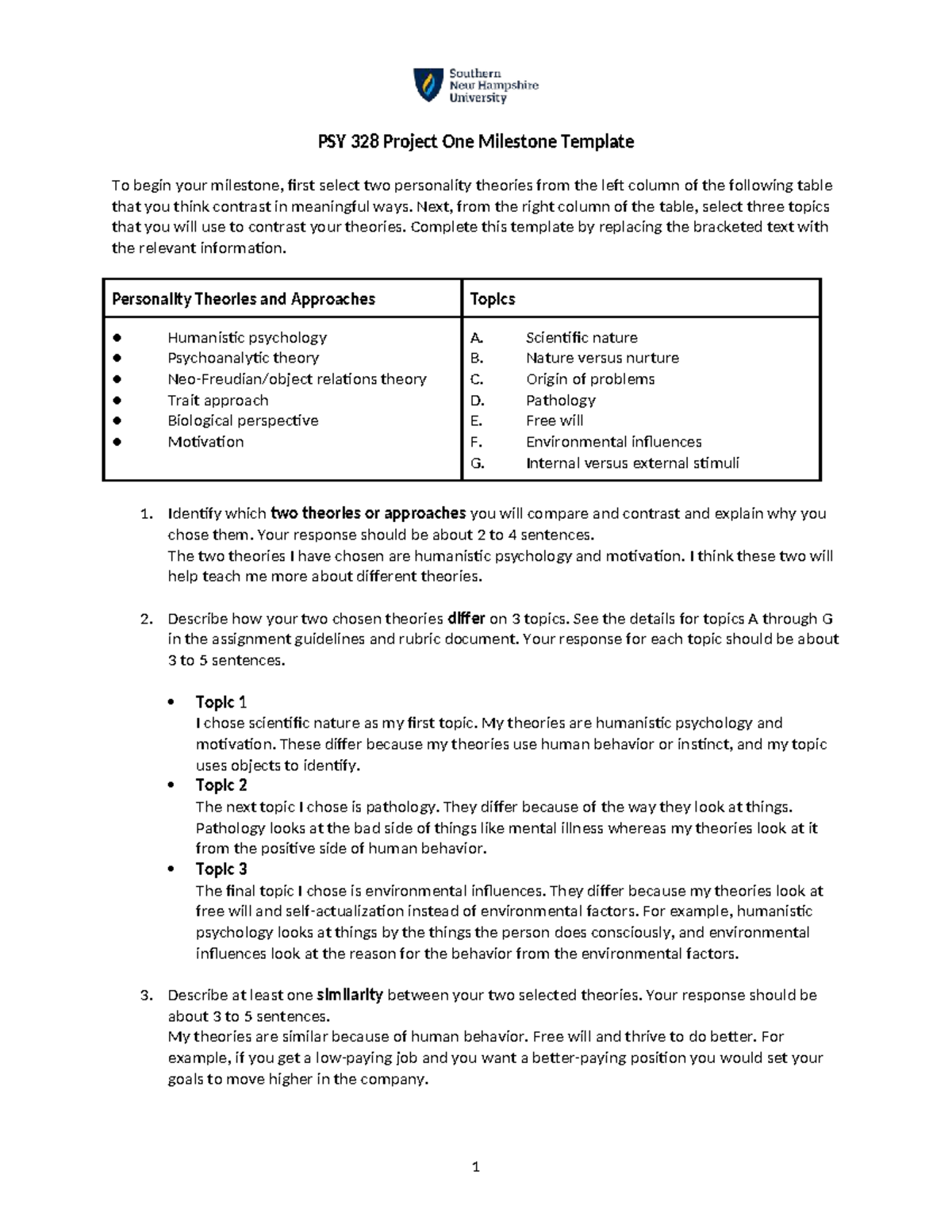 PSY 328 Project One Milestone: Comparing Personality Theories - Studocu
