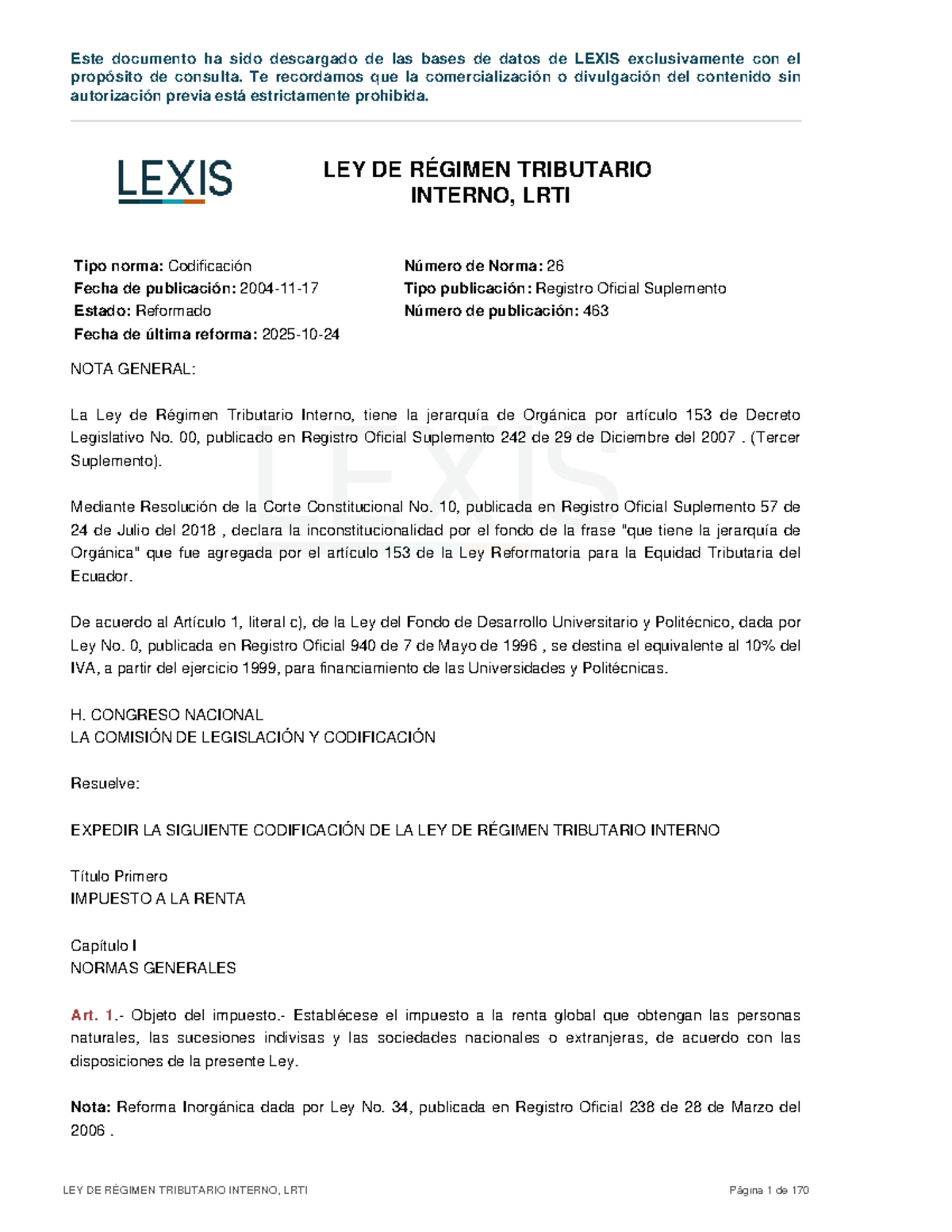 Ley de Régimen Tributario Interno, LRTI - Análisis y Reformas - Studocu