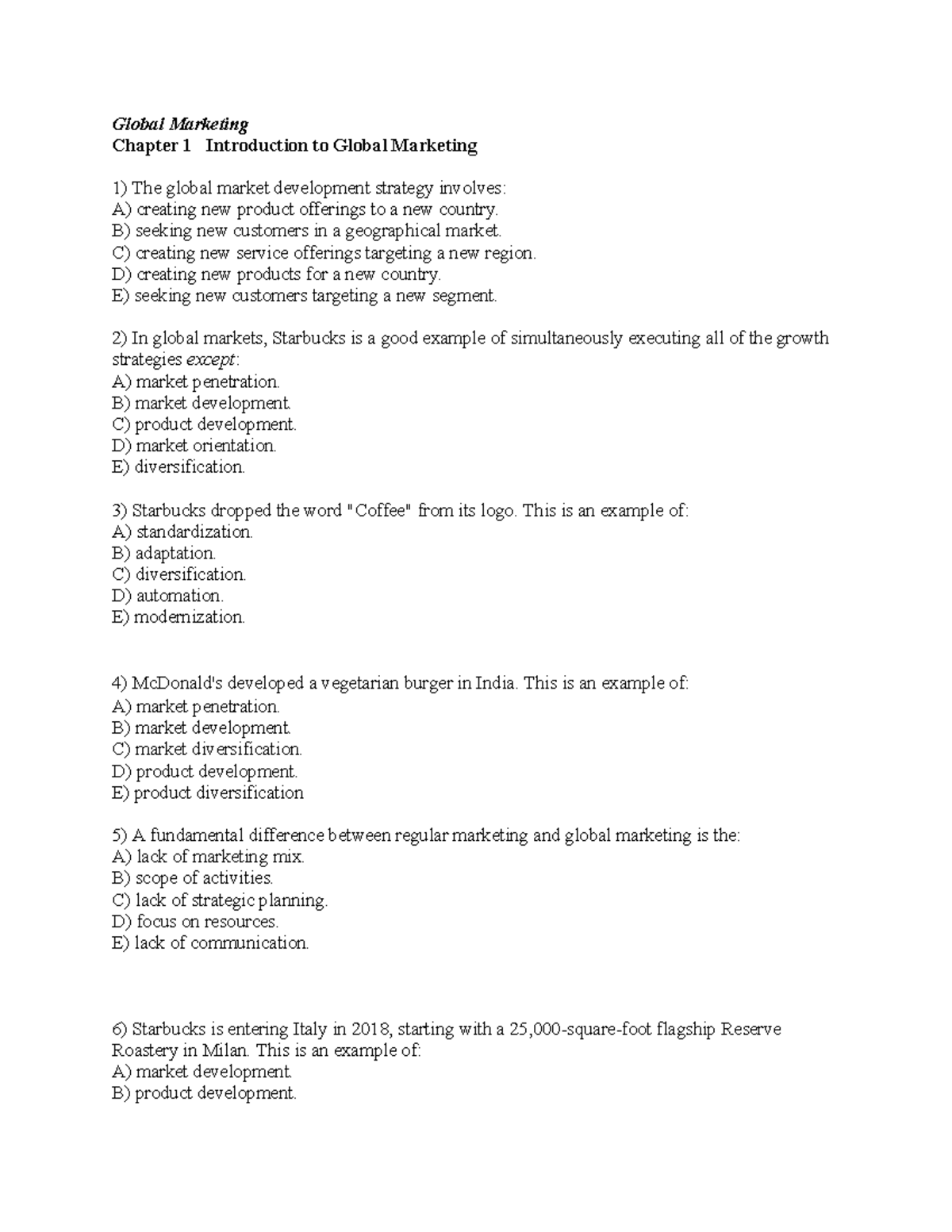 Global Marketing 1 - Practice Questions and Strategies - Studocu