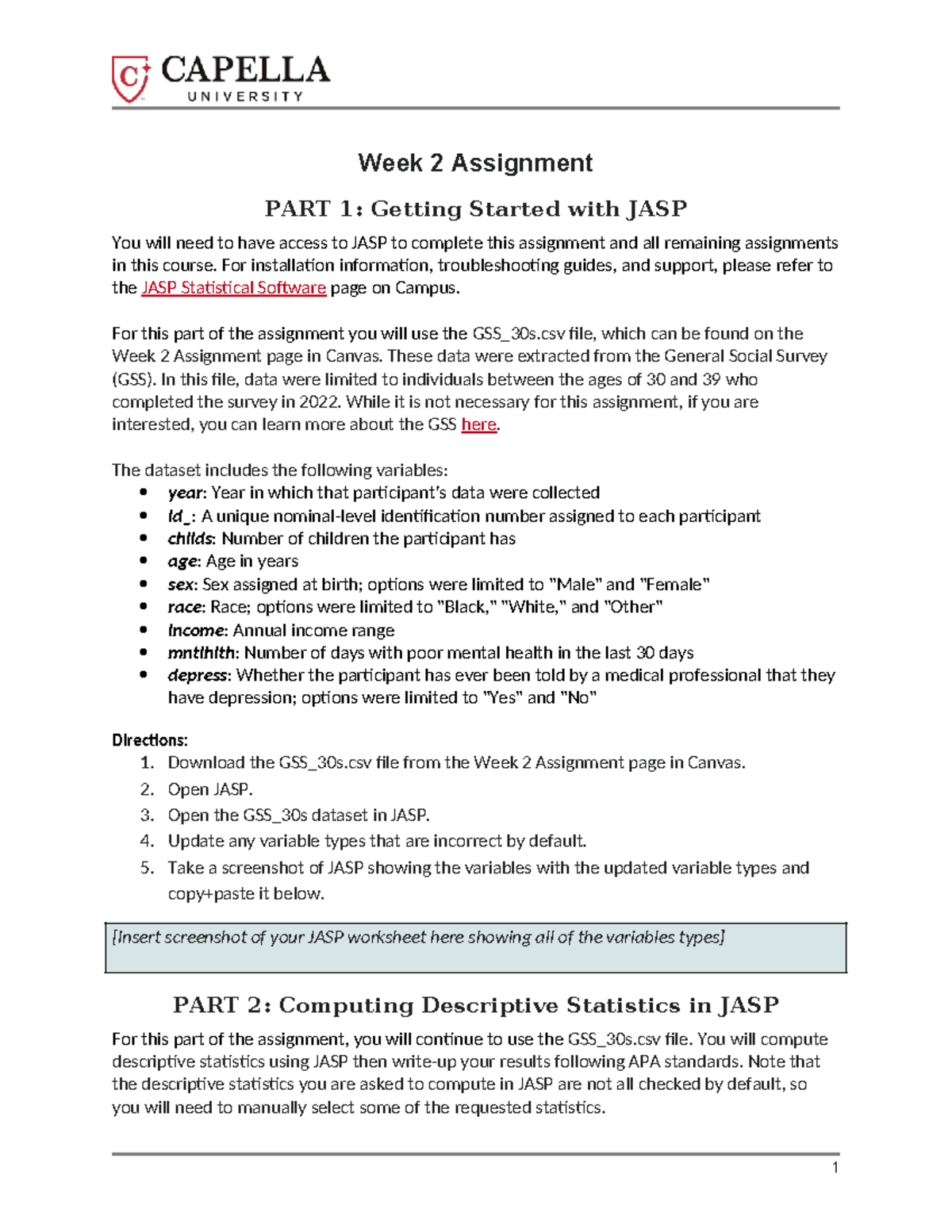 PSYC3700 Week 2 Assignment 2: JASP Overview & Descriptive Stats - Studocu