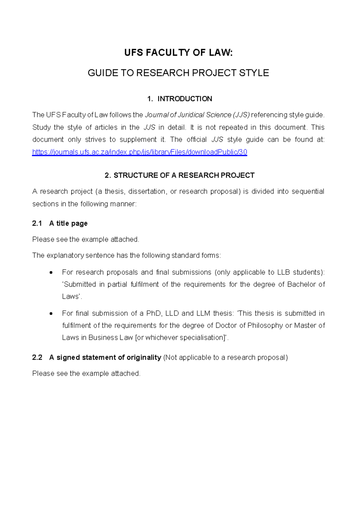 UFS LAW: Research Project Style Guide for LLB Students - Studocu