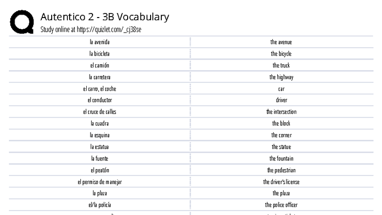 Autentico 2 - 3B Vocabulary List for Spanish Learners - Studocu