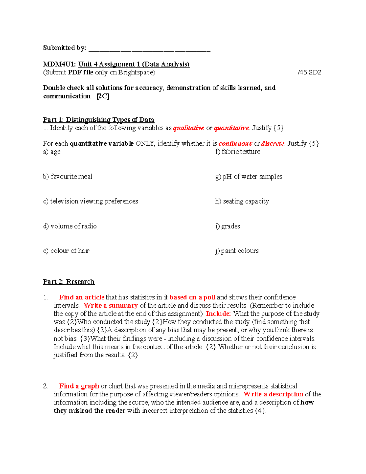 MDM4U1 Unit 4 Assignment 1 (Data Analysis) - Submitted by