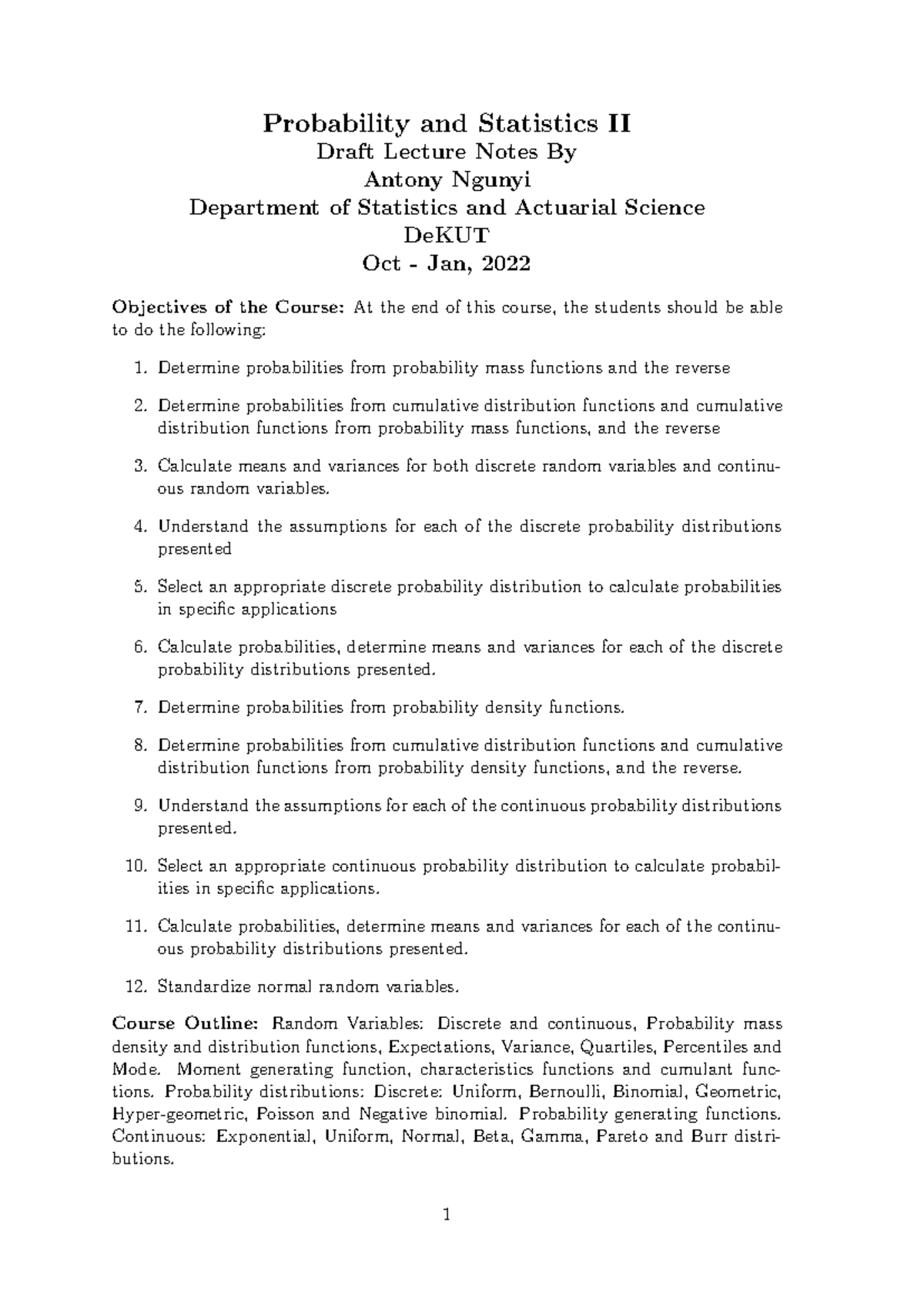 Probability and Statistics II Oct 2022 Today - Probability and ...