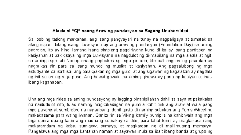 Alaala ng Araw ng Pundasyon: Naratibong Papel ni Palapal - Studocu