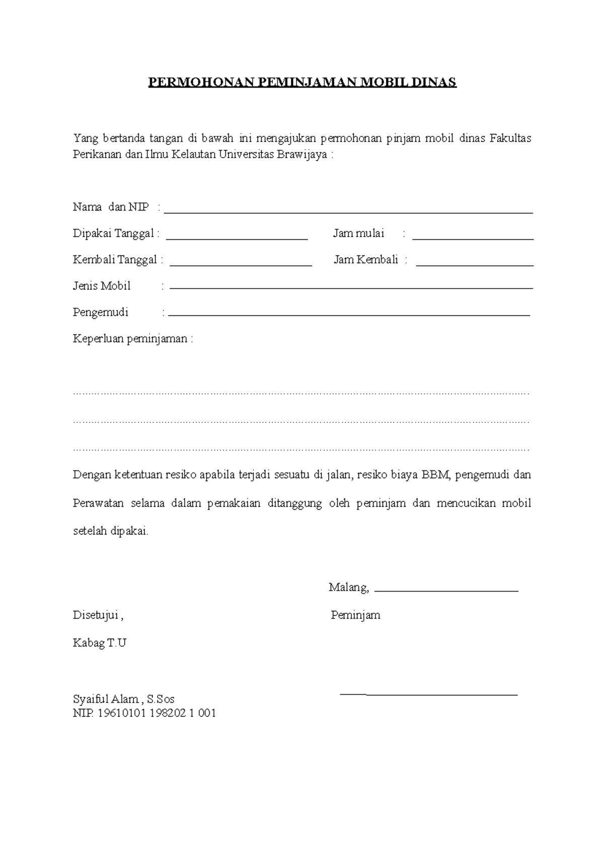 Form-peminjaman-mobil - PERMOHONAN PEMINJAMAN MOBIL DINAS Yang bertanda ...