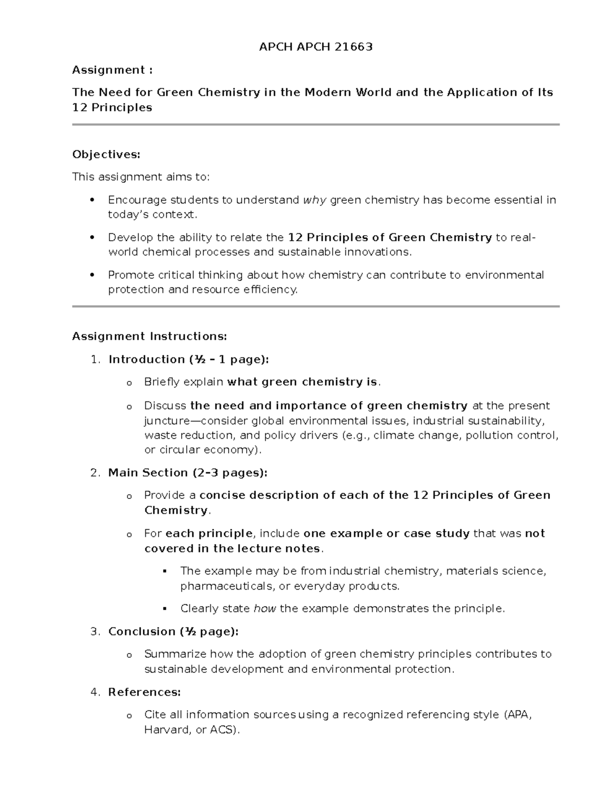 APCH 21663 Assignment: Green Chemistry & Its 12 Principles - Studocu