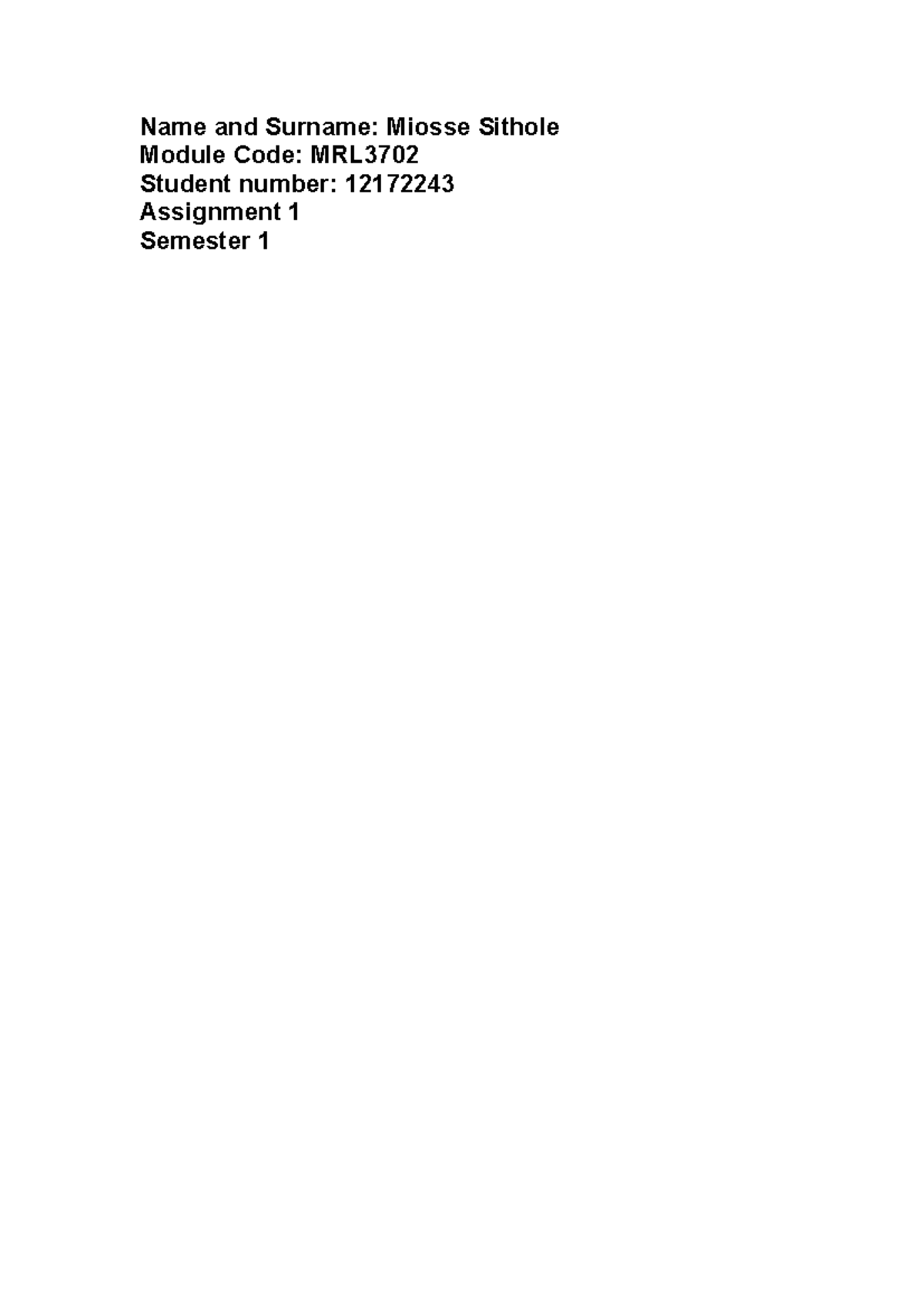 MRL3702 Assignment 1-1: Case Study on Shoprite v Chiloane (JR1280/20 ...