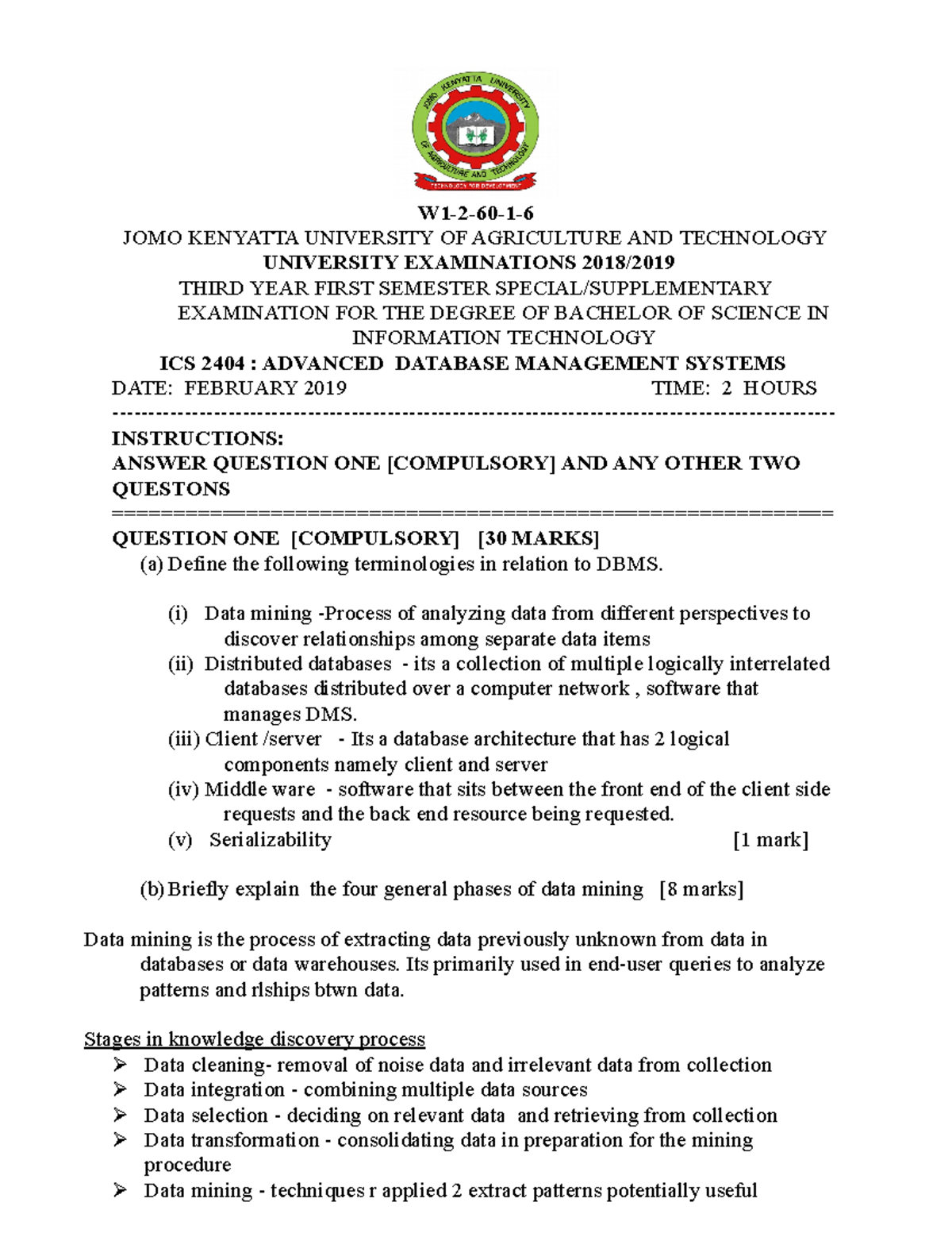 ICS 2404 Advanced Database Management Systems Exam Answers - Studocu