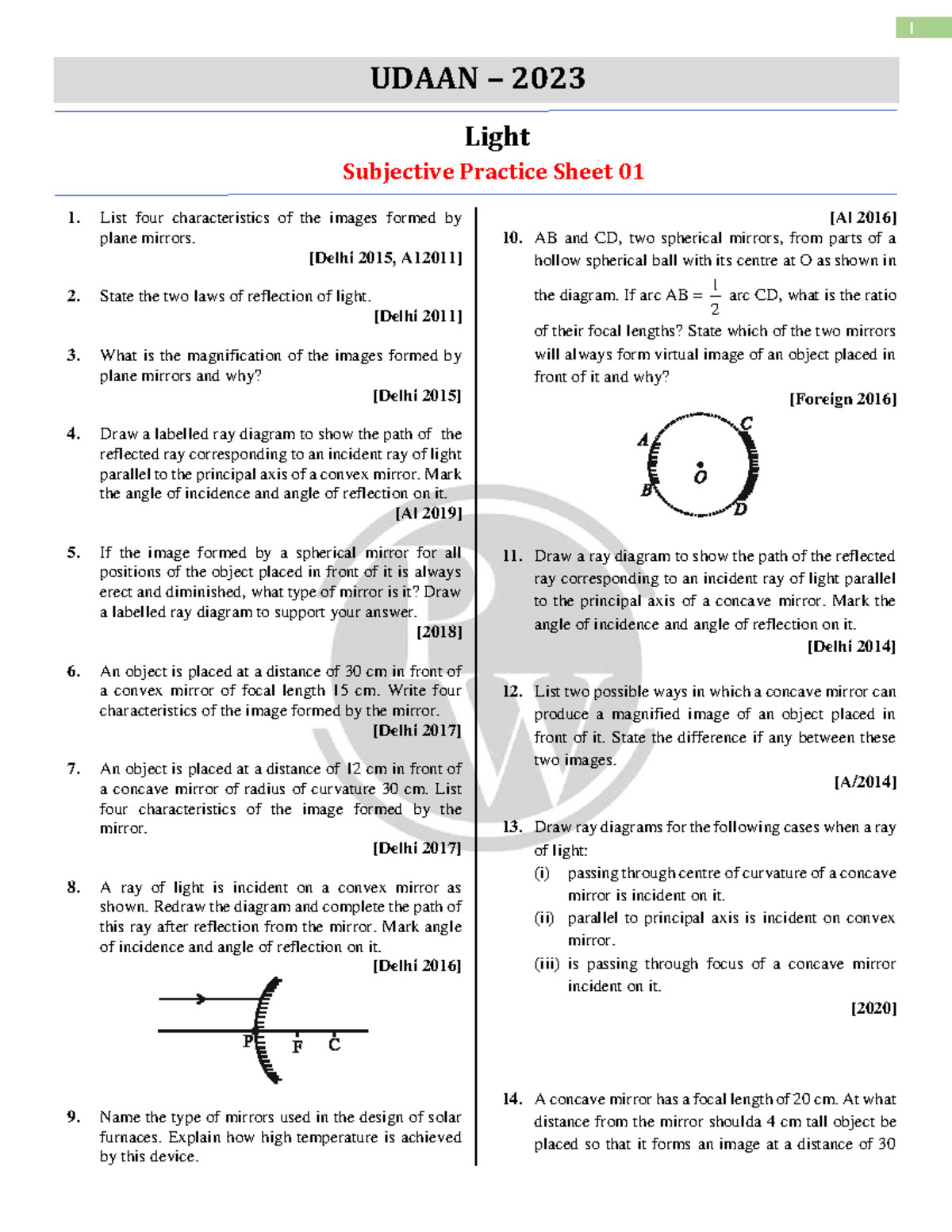1 UDAAN 2023 Light Practice Sheet 01: Mirror Characteristics & Diagrams ...