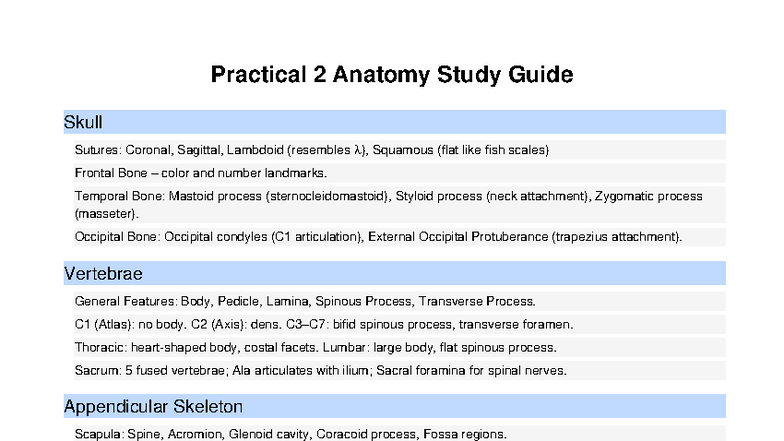 Practical 2 Anatomy Study Guide: Skull & Skeleton Features - Studocu