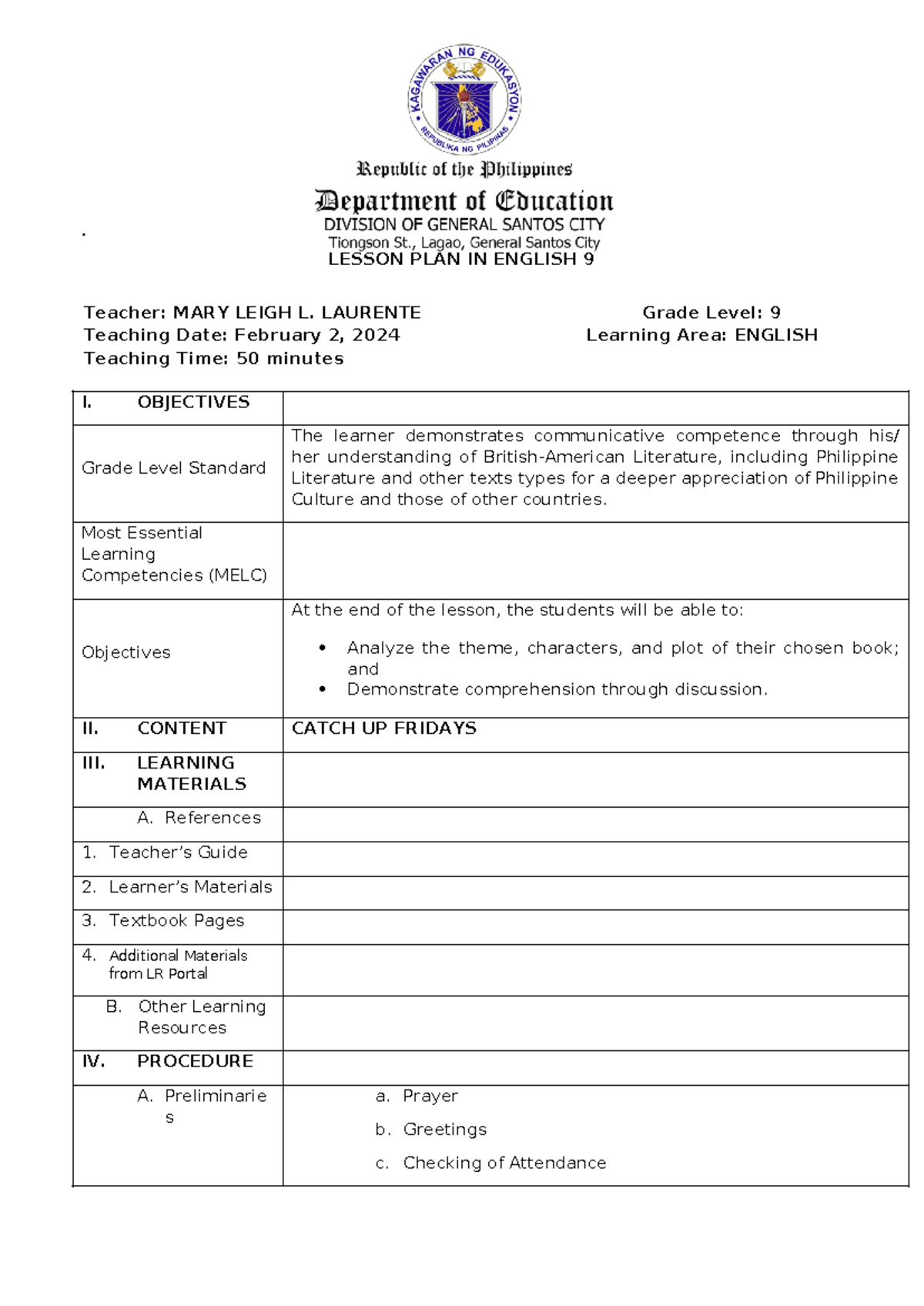 ENGLISH 9 Lesson Plan: Catch Up Friday - Week 1 Overview - Studocu