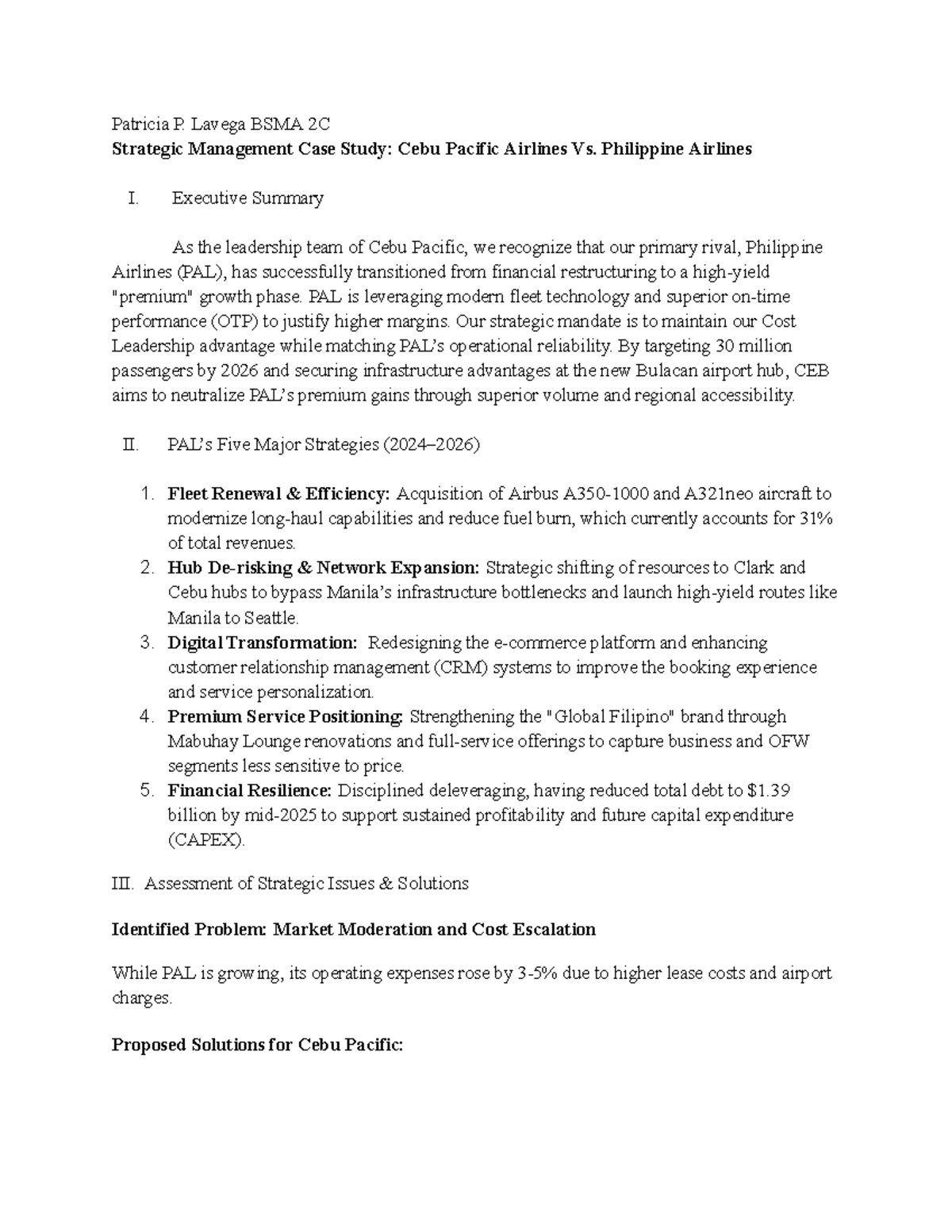 BSMA 2C Strategic Management Case Study: Cebu Pacific vs. PAL - Studocu