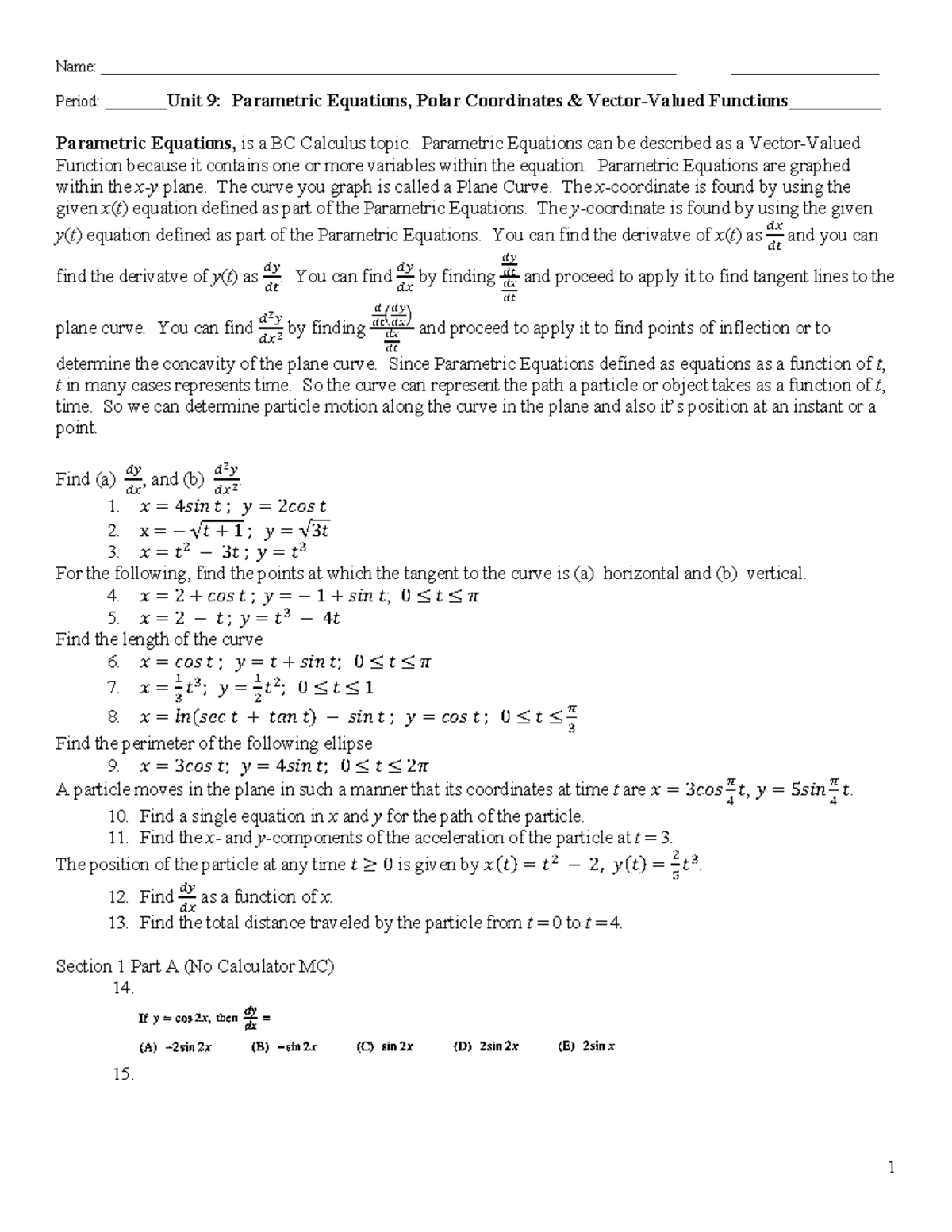 AP Calculus BC Unit 9 Practice - Name: - Studocu