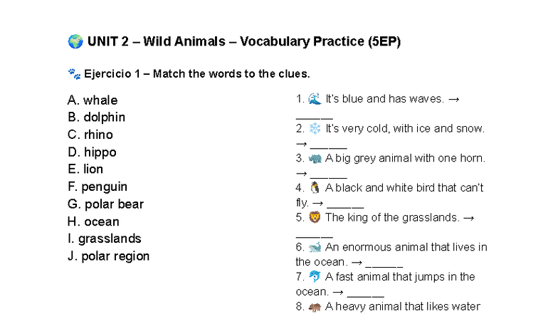 🌍 UNIT 2 – Wild Animals – Vocabulary Practice - 🐾 Ejercicio 1 – Match ...