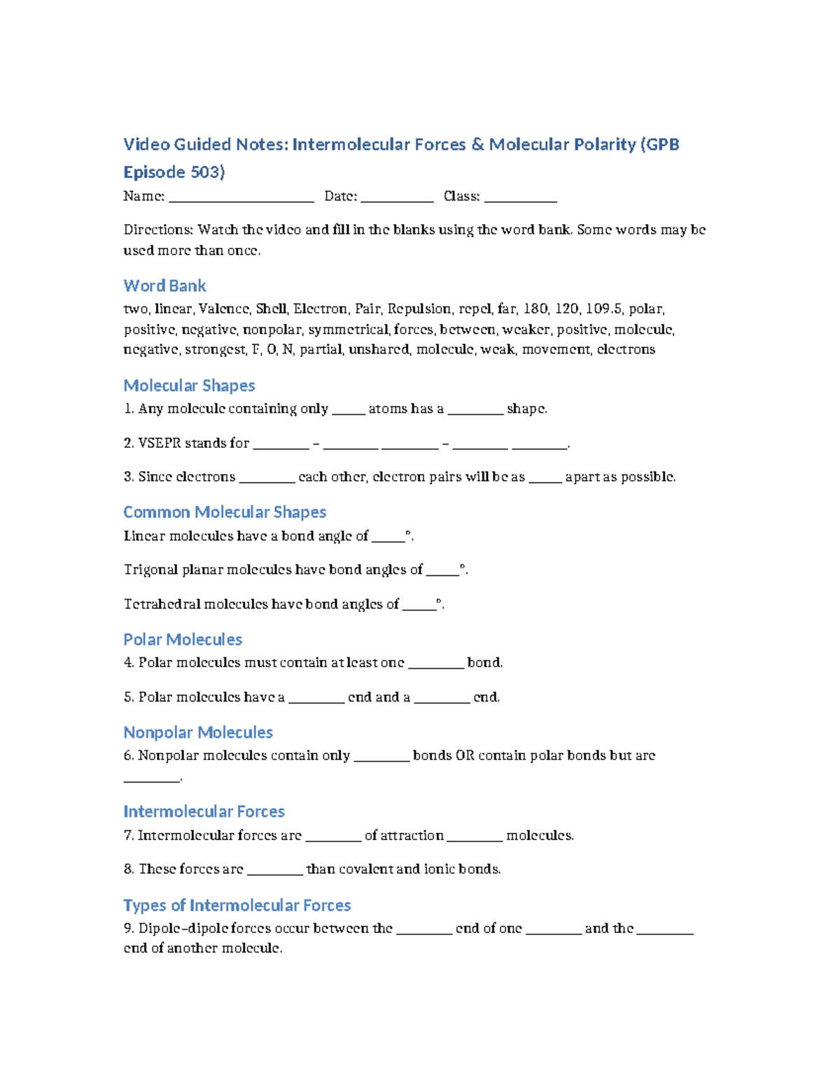 Video Guided Notes: Intermolecular Forces & Molecular Polarity (GPB 503 ...