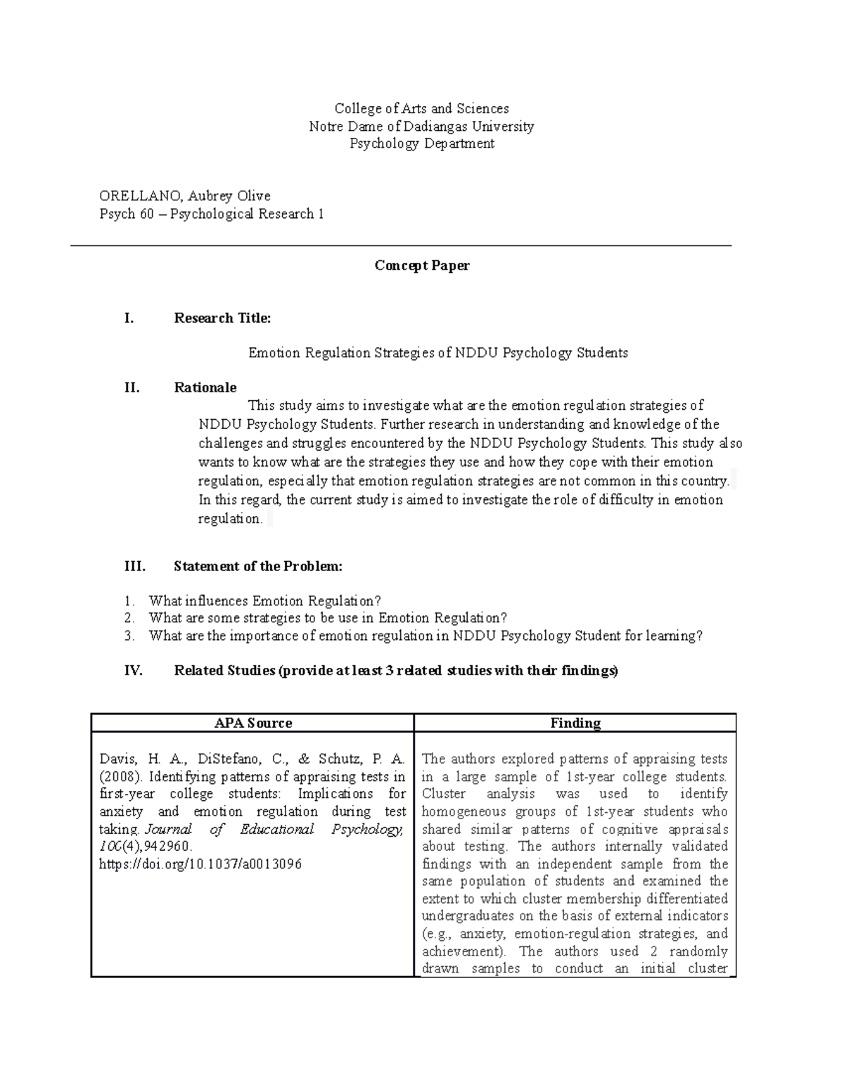 Psych 60 - Concept Paper on Emotion Regulation Strategies of NDDU ...