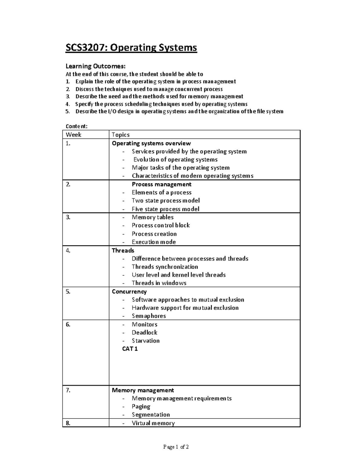 SCS3207: OS Course Outline & Learning Outcomes for 2023 - Studocu