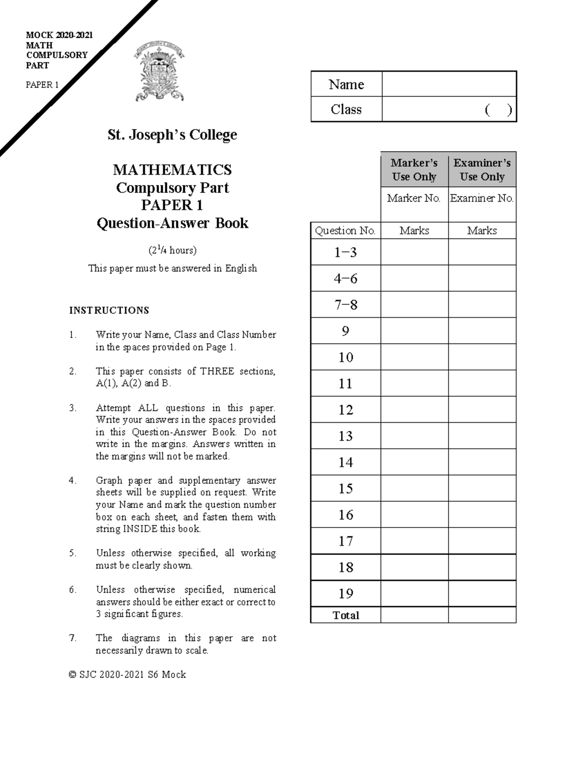 LQ 2 - SJC Mock Exam 2020-2021: Mathematics Paper 1 - Studocu