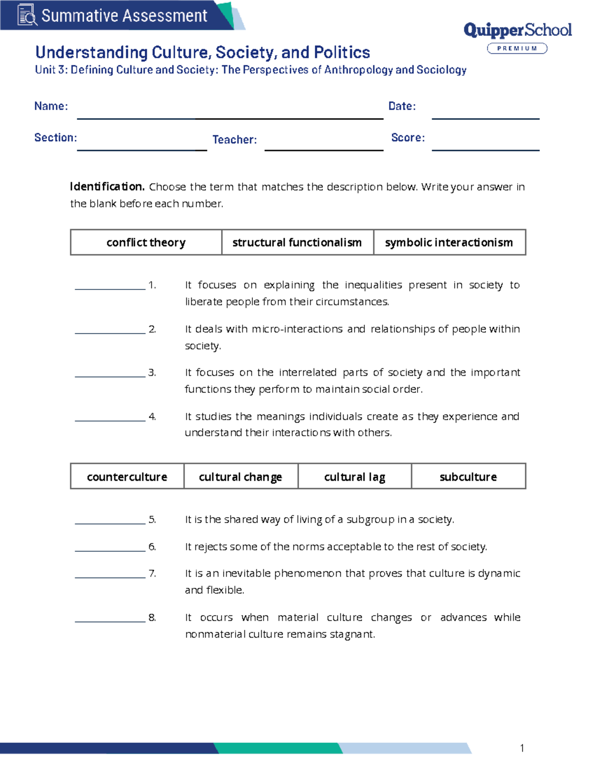 UCSP 11 12 Summative Q1 03 Defining Culture and Society The ...