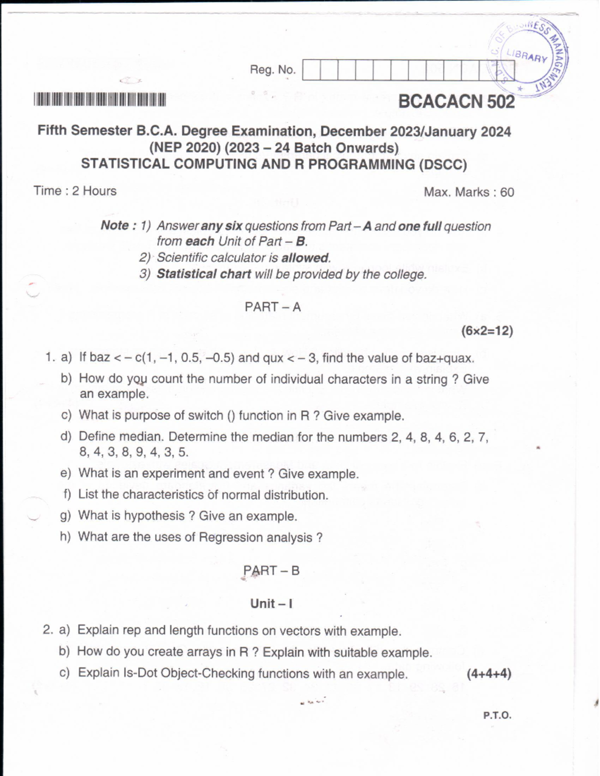 BCA V Sem Statistical Computing & R Programming - Dec 2024 Exam Guide - Studocu
