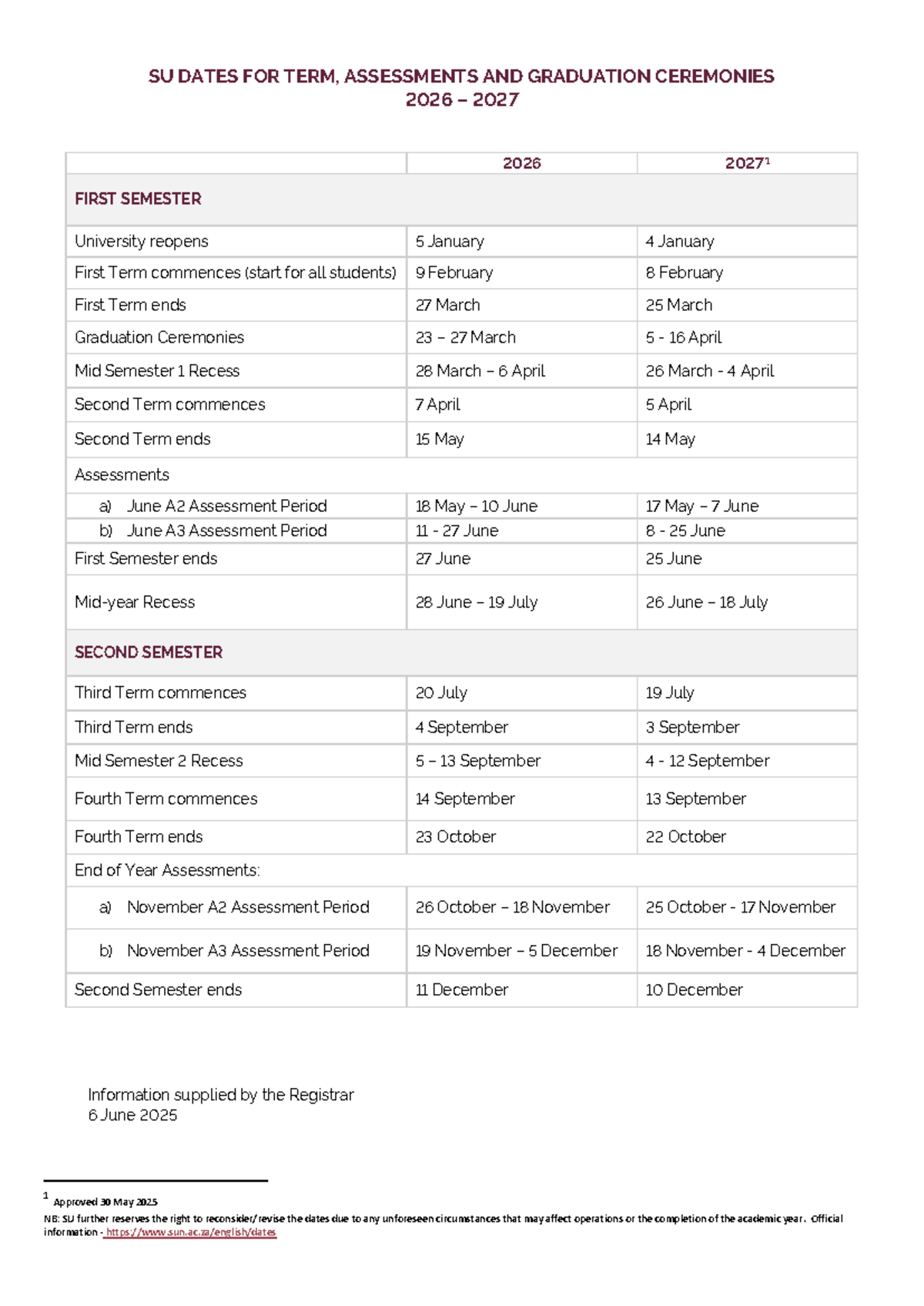 SU Academic Calendar 2026-2027: Key Dates & Assessments - Studocu