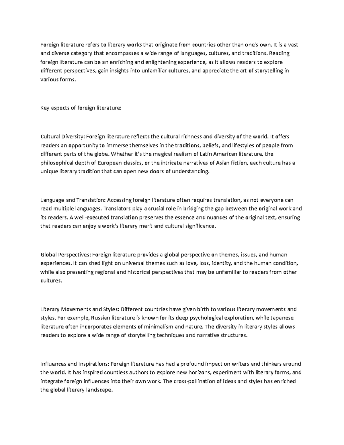 Foreign Literature: Cultural Insights and Global Perspectives - Studocu