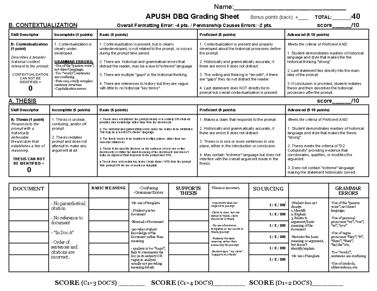 APUSH DBQ Grading Sheet: Contextualization & Thesis Evaluation - Studocu