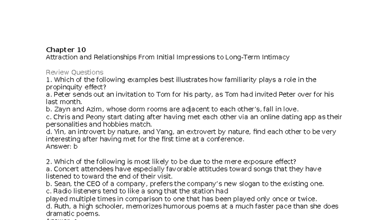 Review Questions - Chapter 10: Attraction & Relationships - Studocu