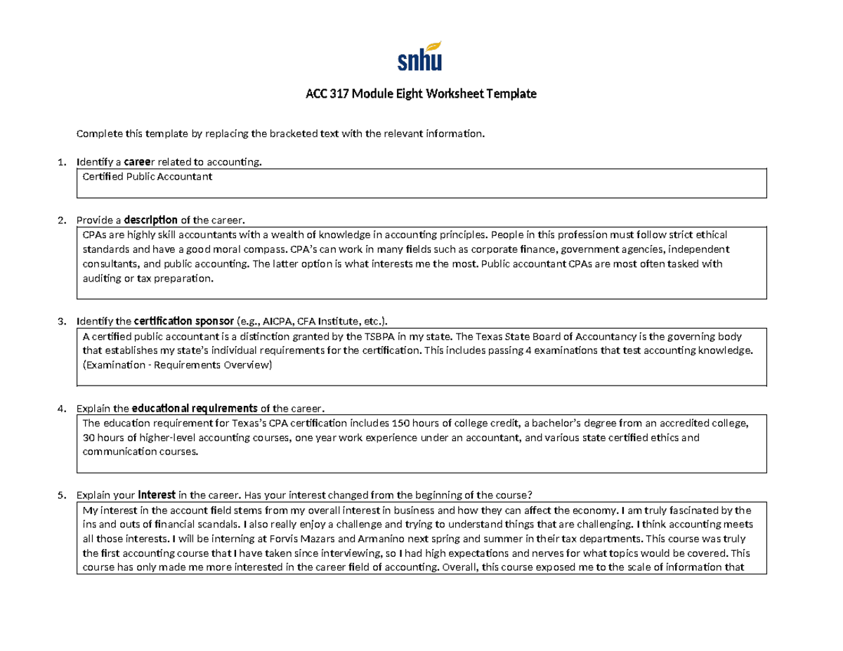 ACC 317 Module 8 Career Exploration Worksheet Template - Studocu