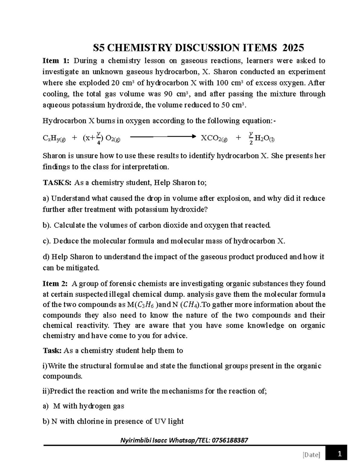 S5 CHEMISTRY DISCUSSION ITEMS: Gaseous Reactions & Enthalpy Analysis ...