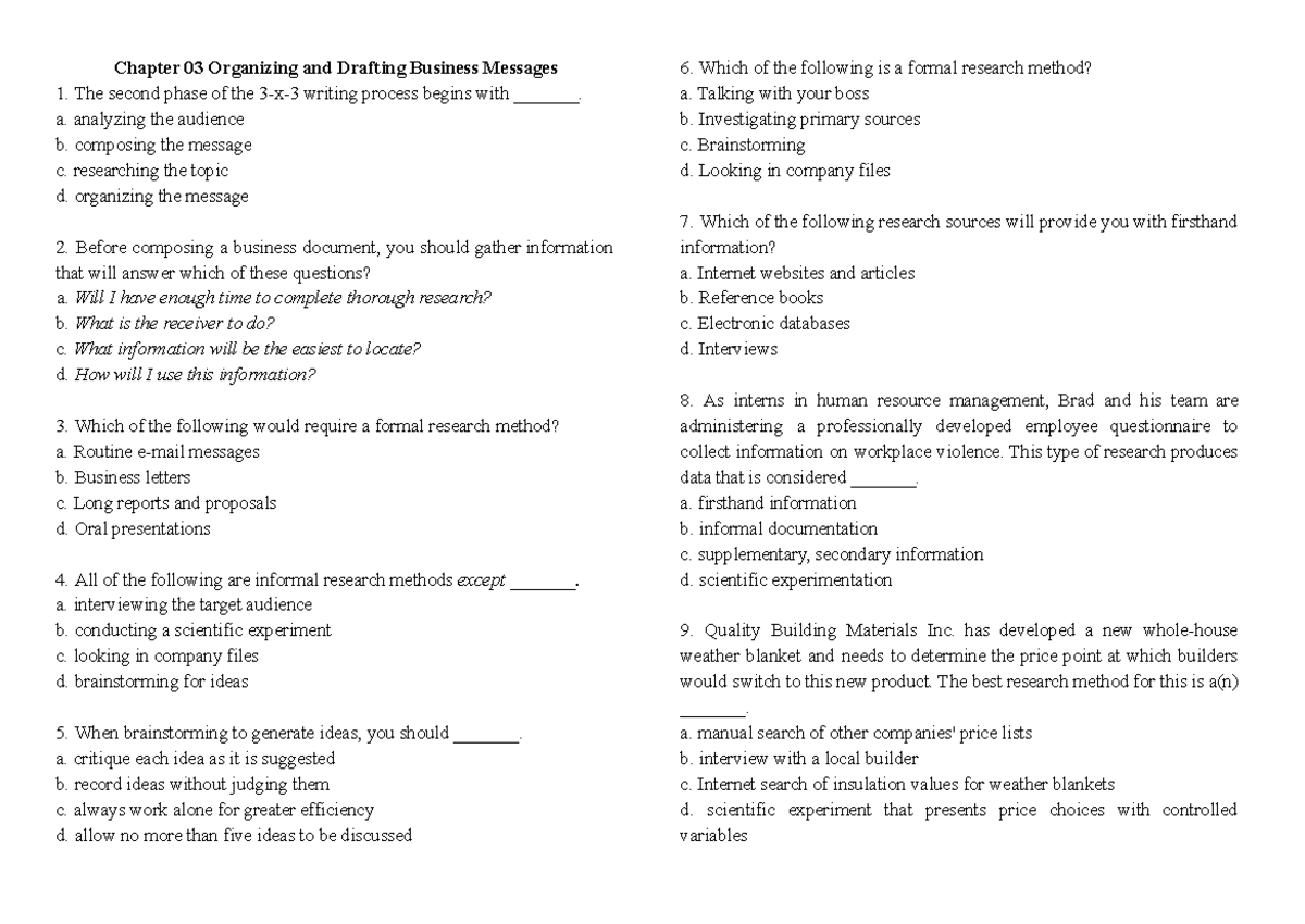 Chapter 3 - Organizing and Drafting Business Messages - a. analyzing ...