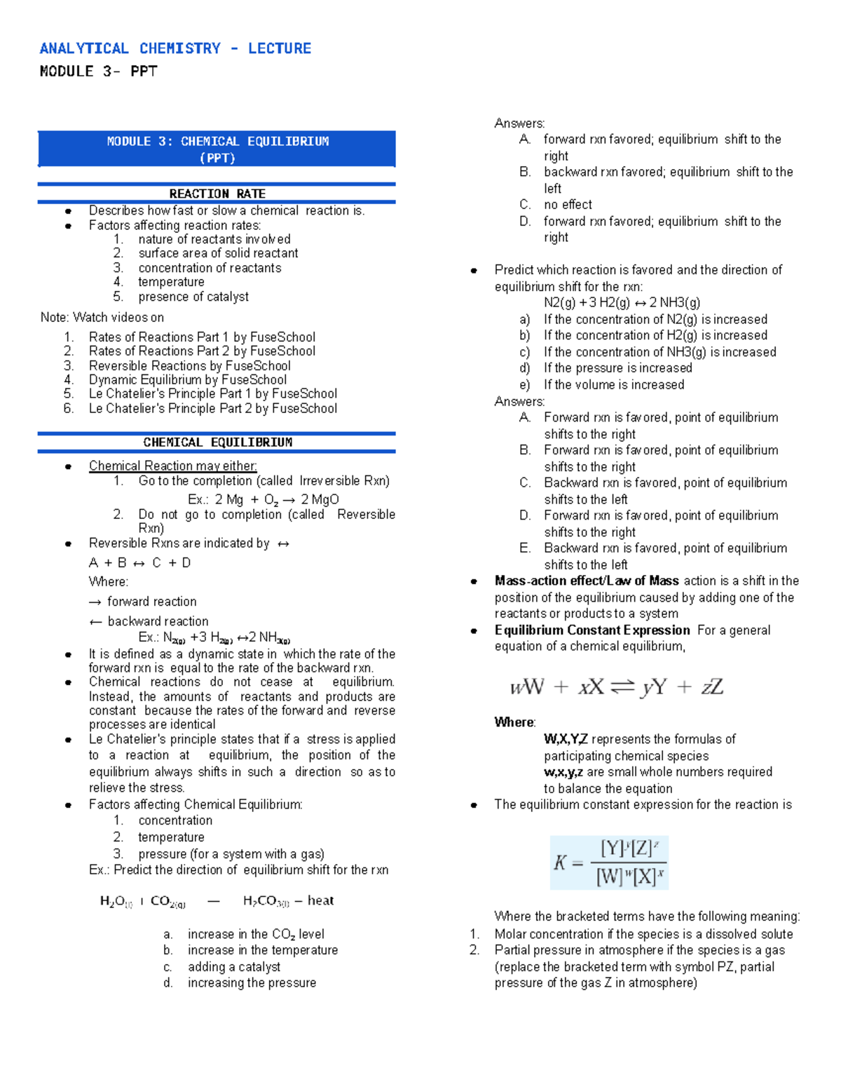 Anachem Module 3 - Chemical Equilibrium Lecture Notes - Studocu