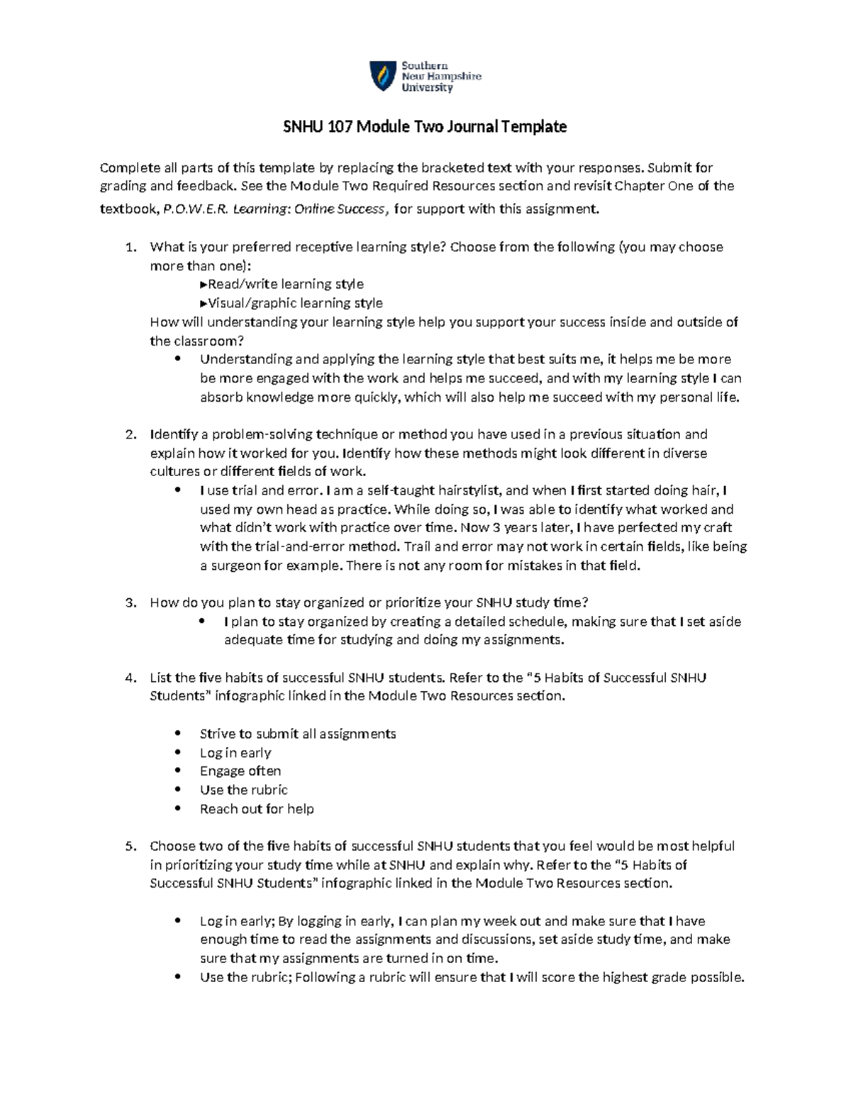 SNHU 107 Module Two Journal Assignment: Learning Styles & Success ...