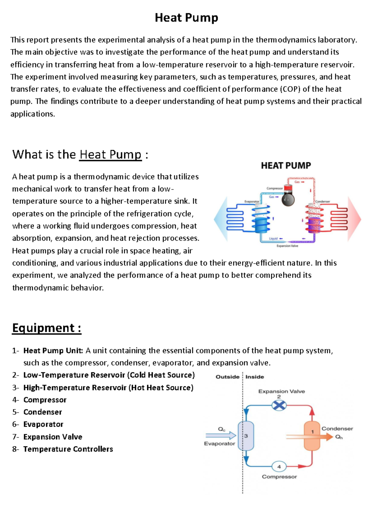Heat pump - thermodynamics Lab - Heat Pump This report presents the ...