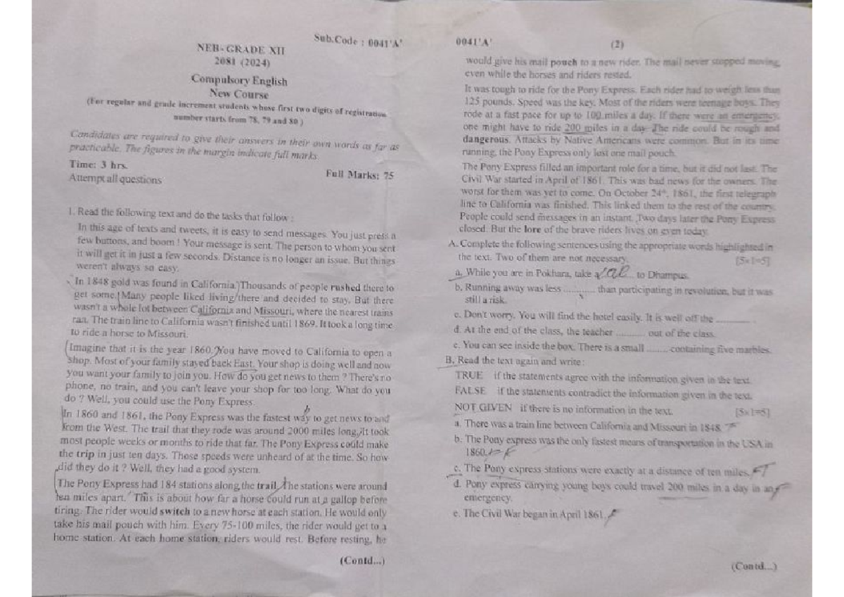 Class 12 English 2081 (Madhesh Province) - Sub. Code (2) NEB GRADE XII ...