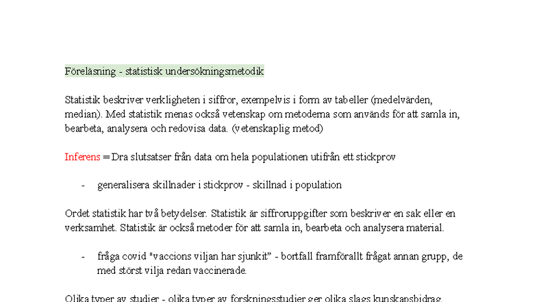 Statistik 101: Föreläsning om Statistisk Undersökningsmetodik - Studocu