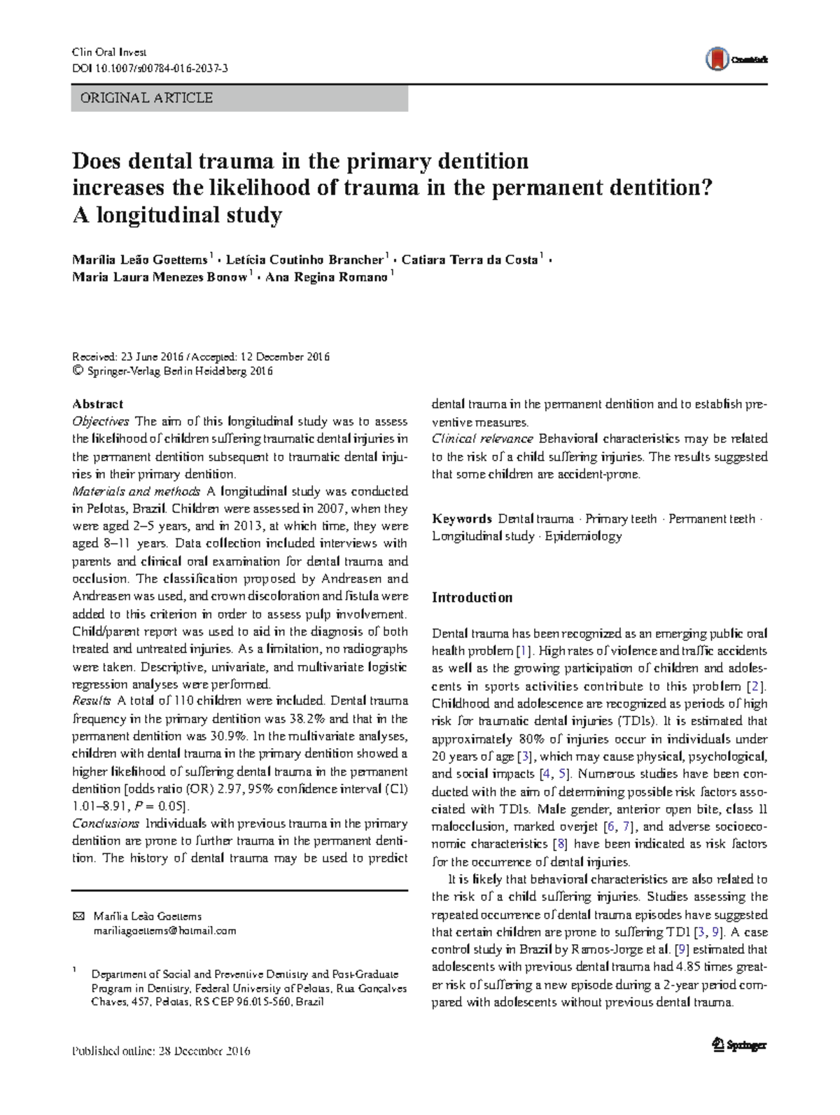Longitudinal Study on Dental Trauma in Primary vs Permanent Dentition ...