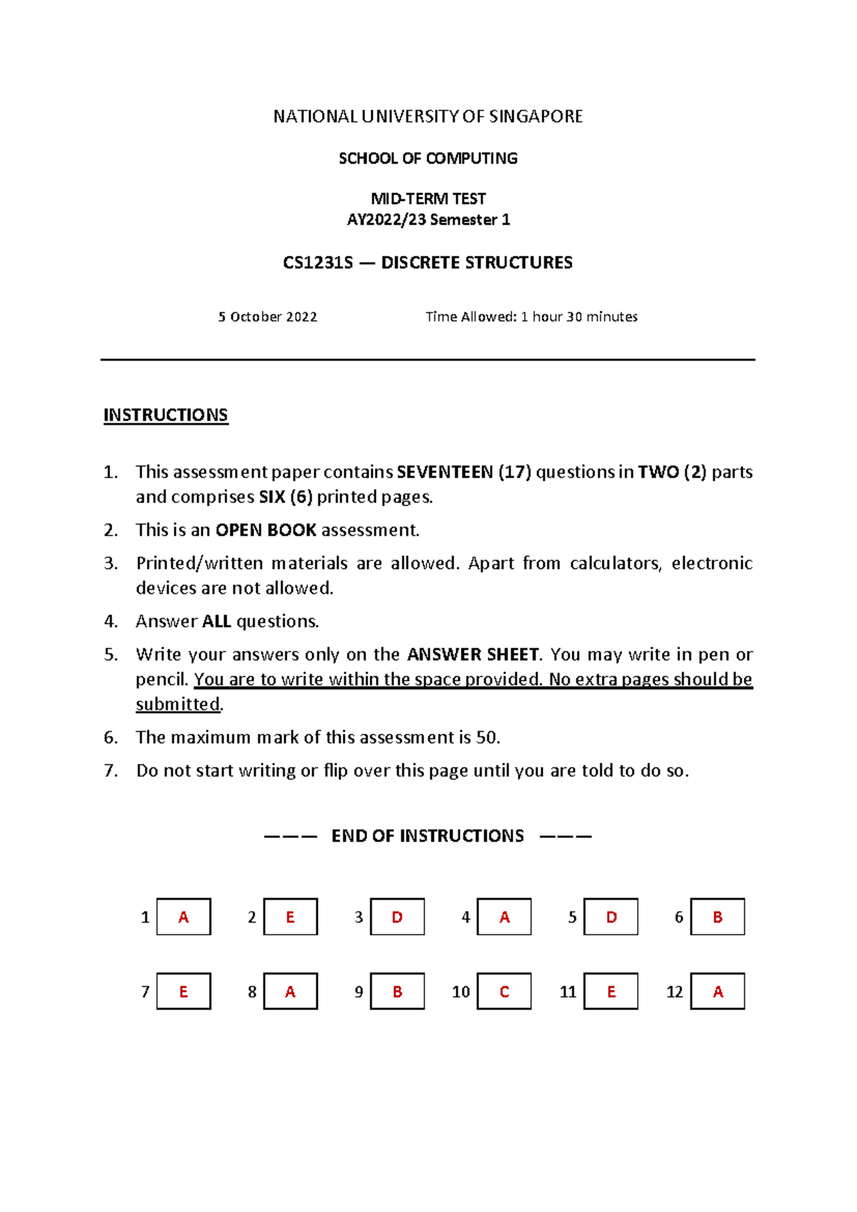 Midterm Exam Answers for CS1231S Discrete Structures 2022 - Studocu