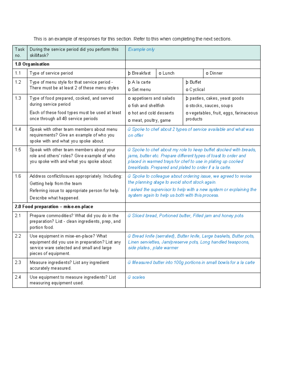 Services - Skills: Example Responses for Menu Preparation and Team ...