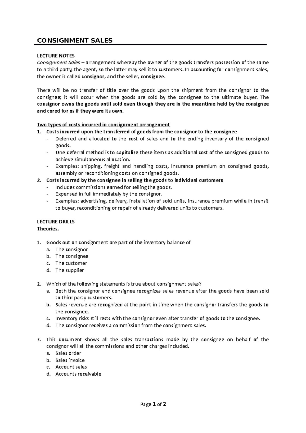 09- Consignment- Sales - CONSIGNMENT SALES LECTURE NOTES Consignment ...
