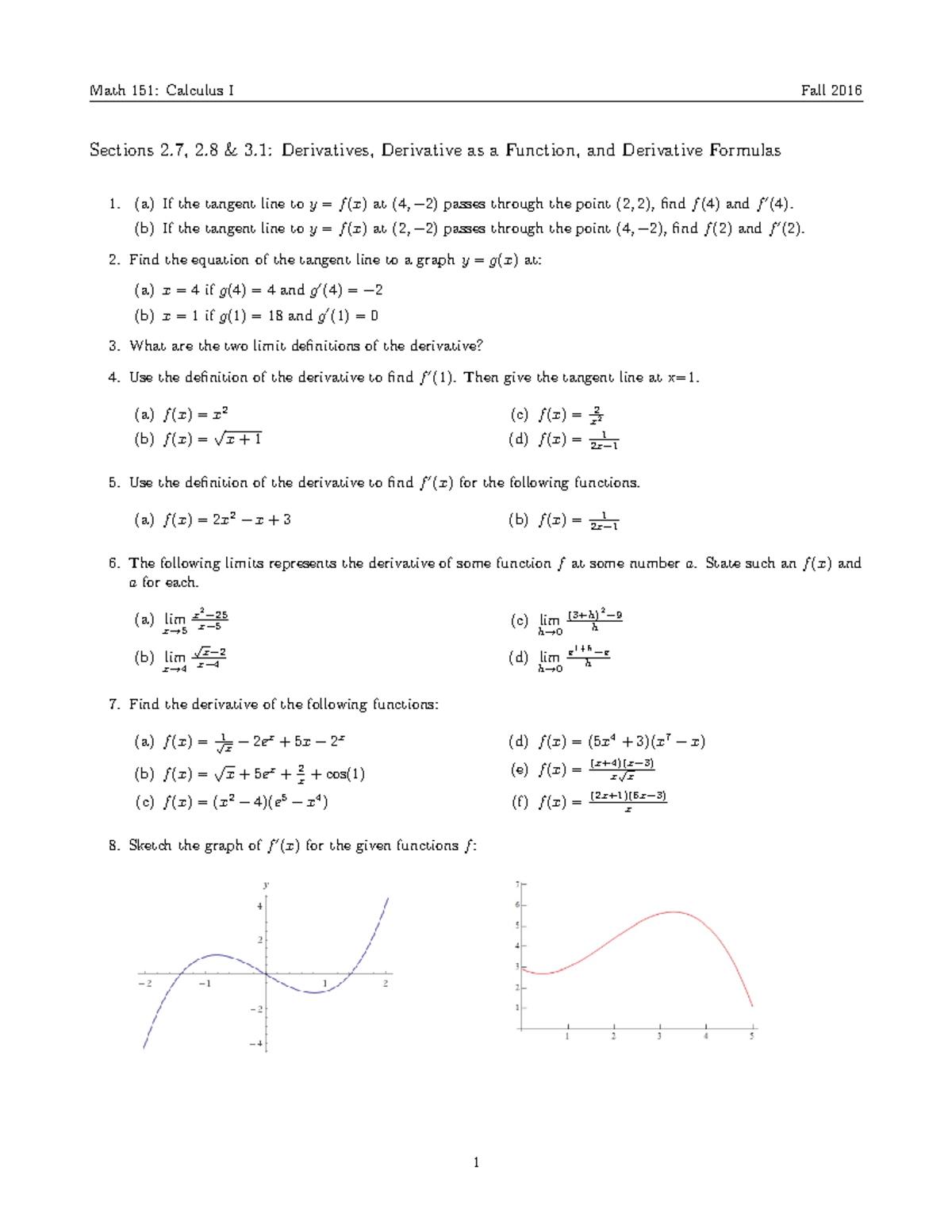 Math 151: Calculus I Fall 2016 Worksheet 5 - Derivatives Practice - Studocu