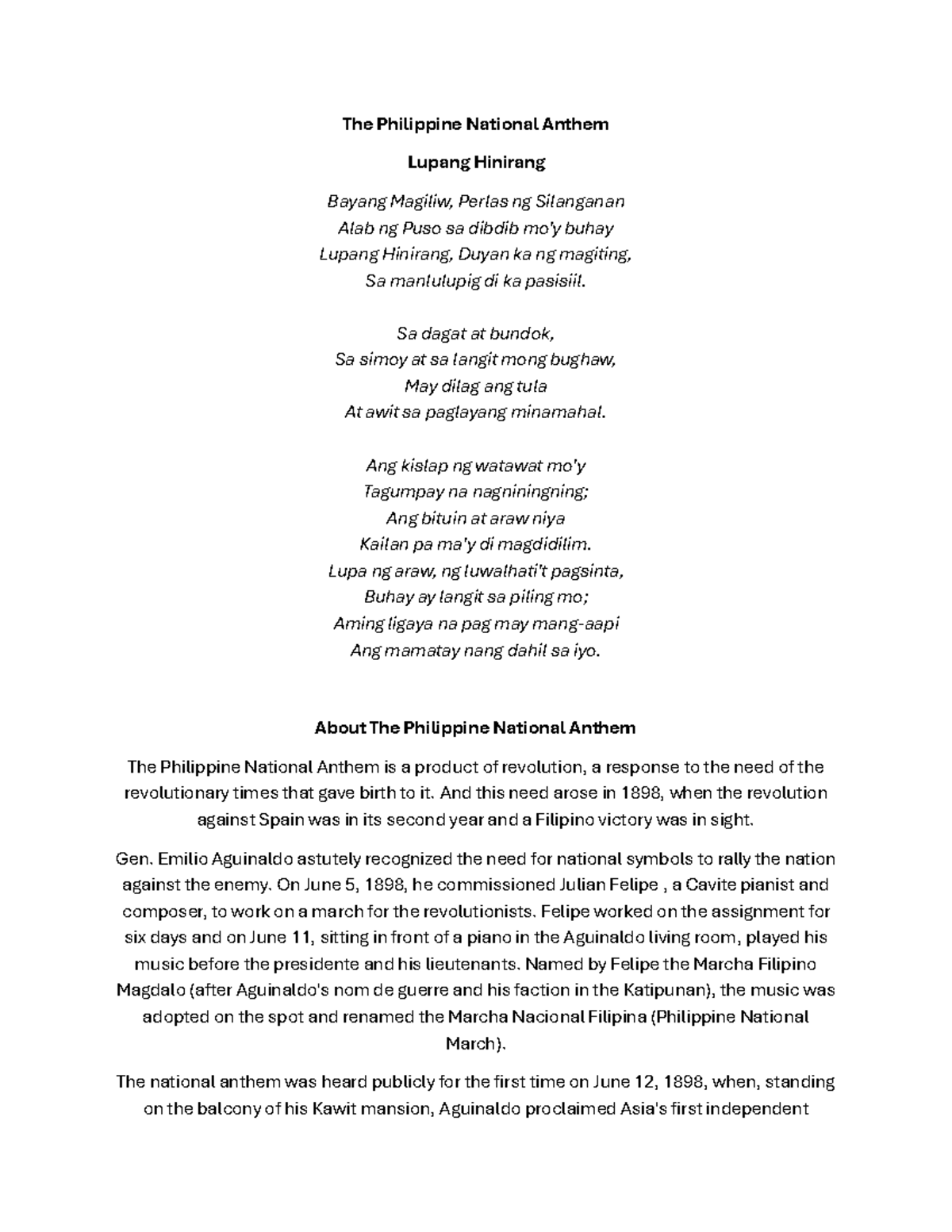 About National Anthem of the The Philippine PART 4 - The Philippine ...