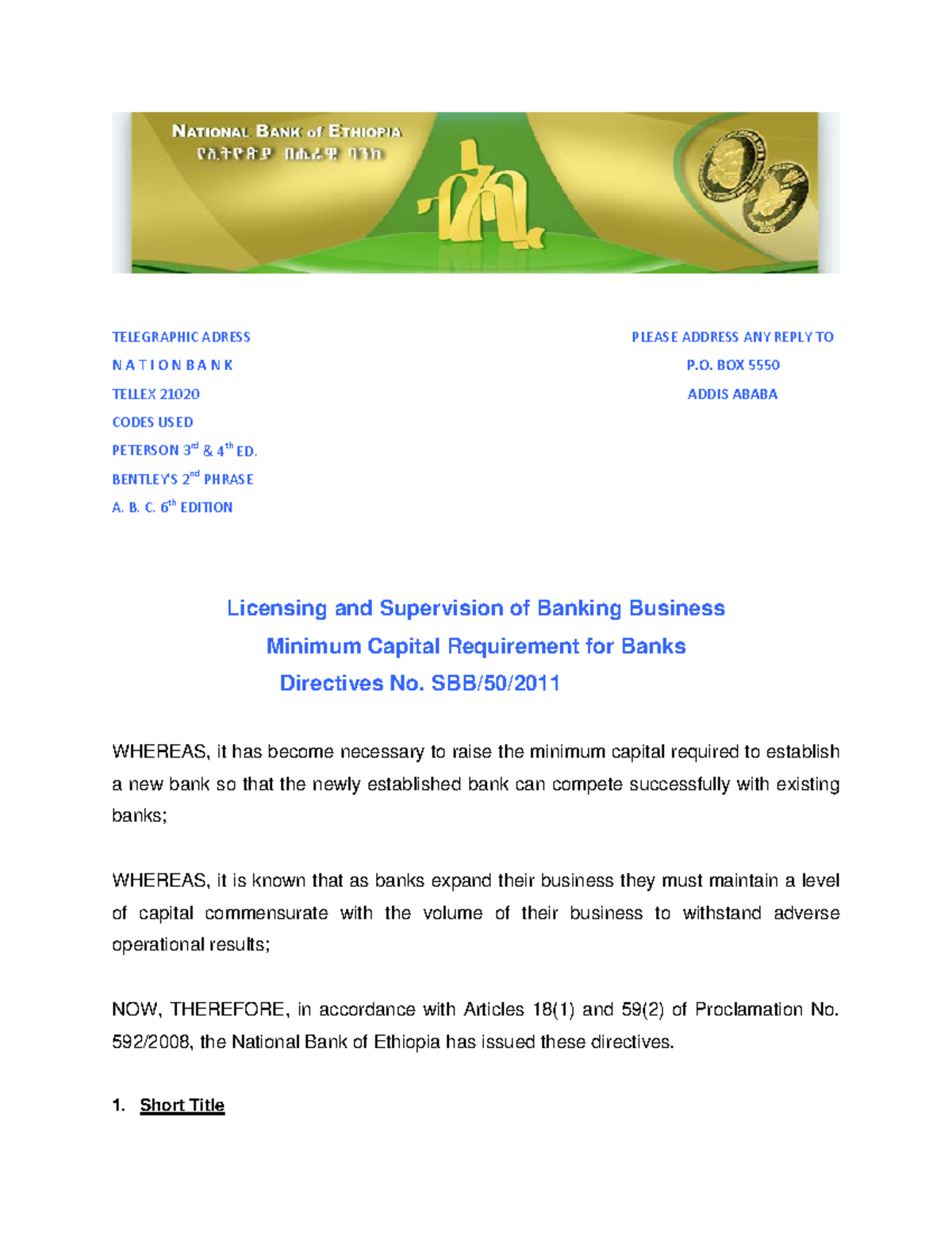 Minimum Capital Requirement for Banks SBB/50/2011 Guidelines - Studocu