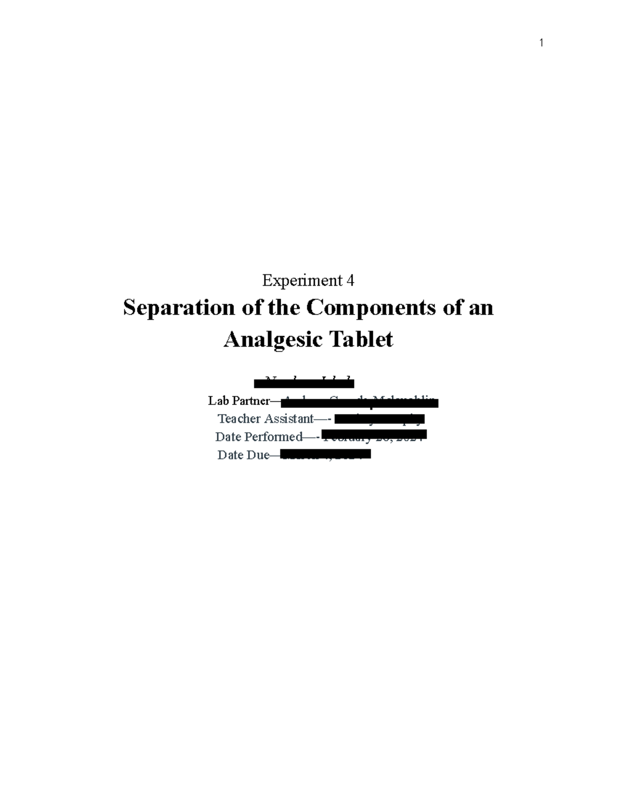 Lab Report 4: Separation of Components in Analgesic Tablet Experiment ...