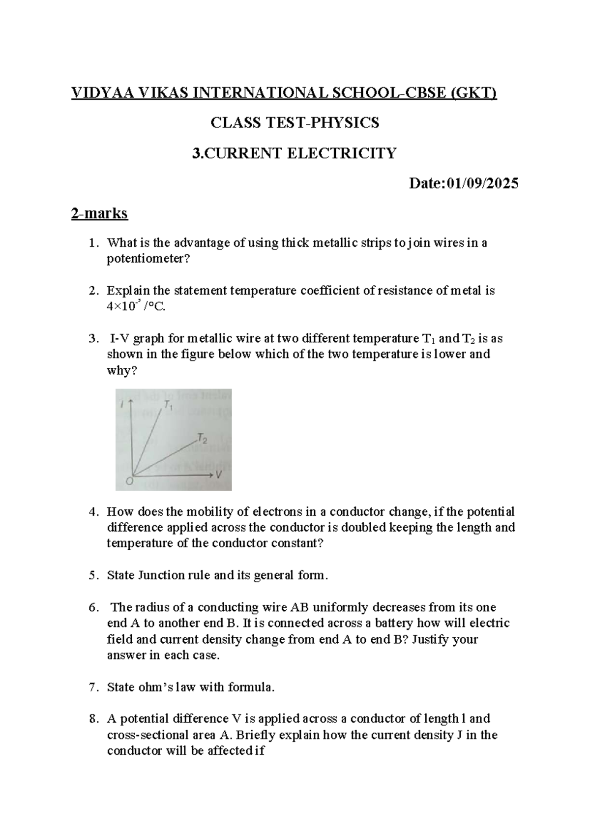 Physics 01092025 Class 3: Current Electricity Test Questions - Studocu