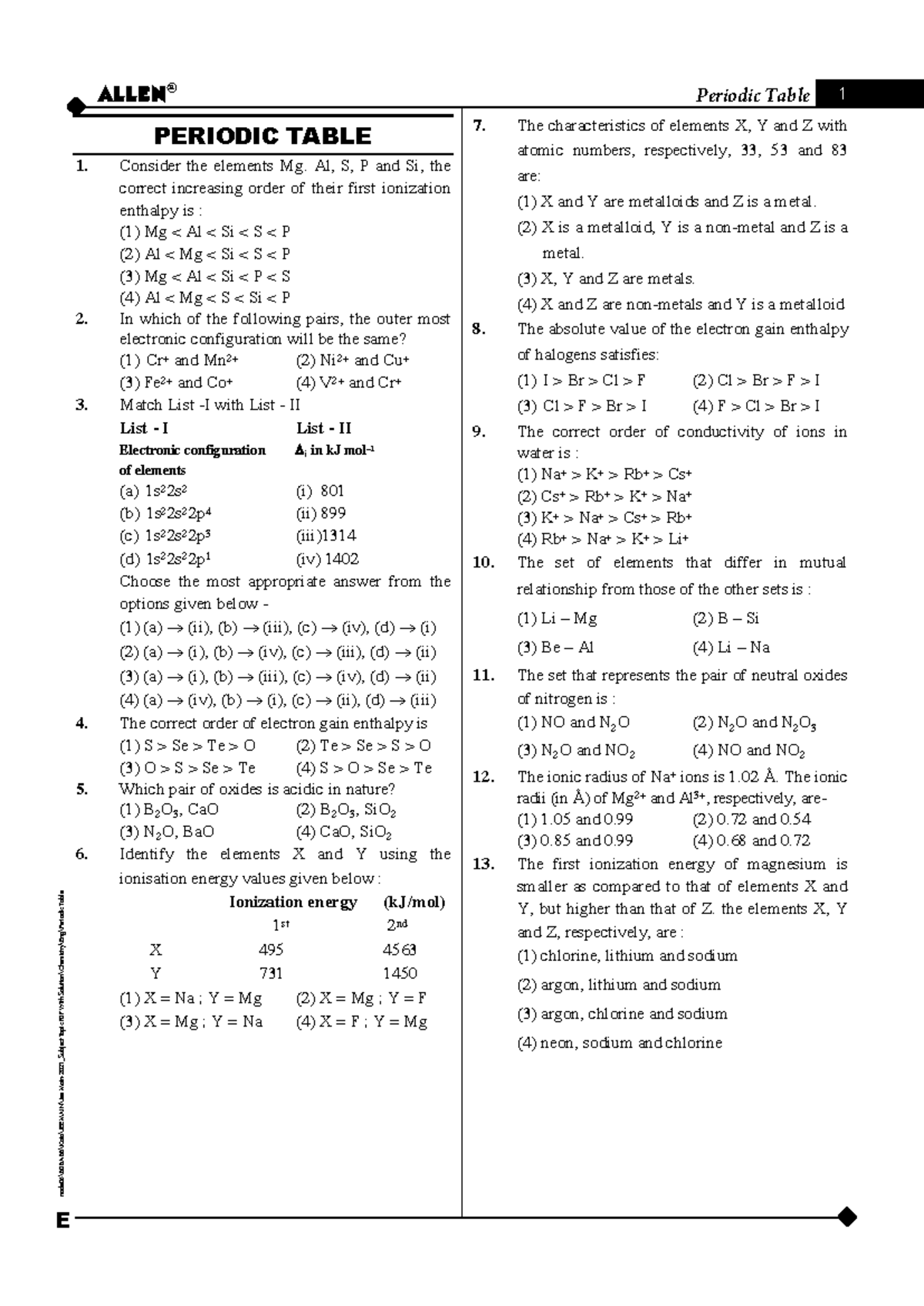 Pre medical periodic table for neet objective - ALLEN® Periodic Table 1 ...