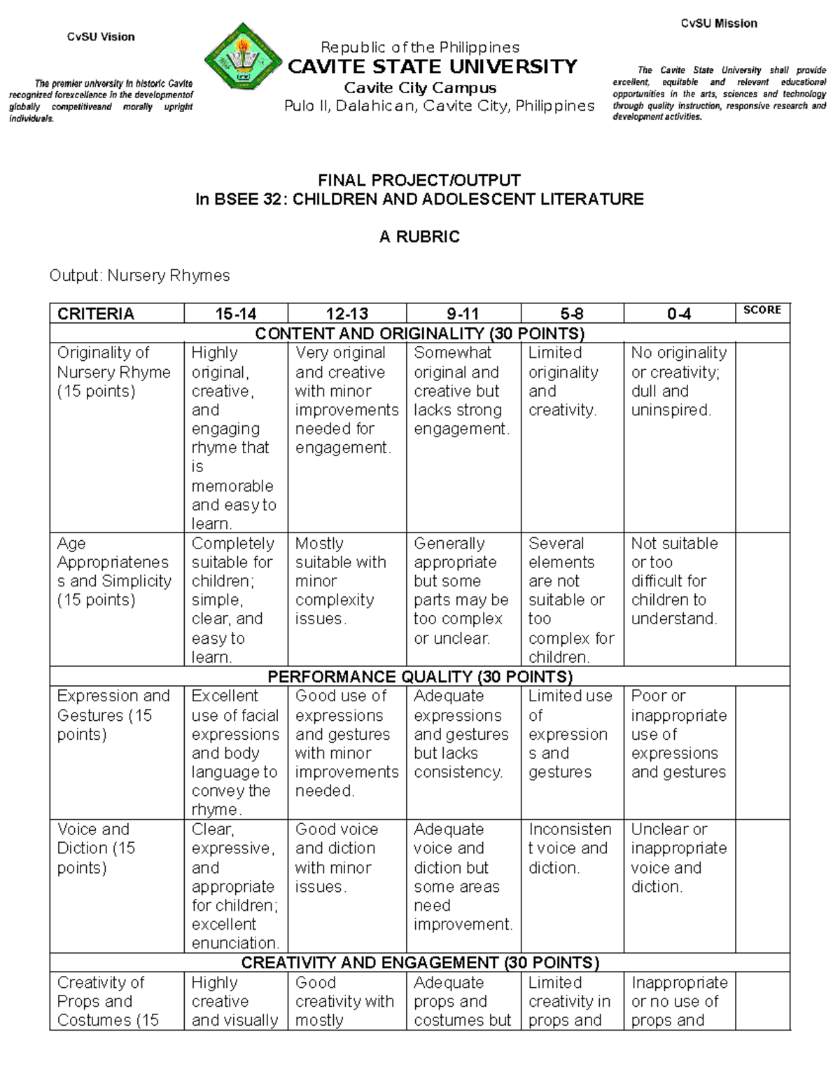 Final Project ( Nursery Rhymes Rubric - FINAL PROJECT/OUTPUT In BSEE 32 ...